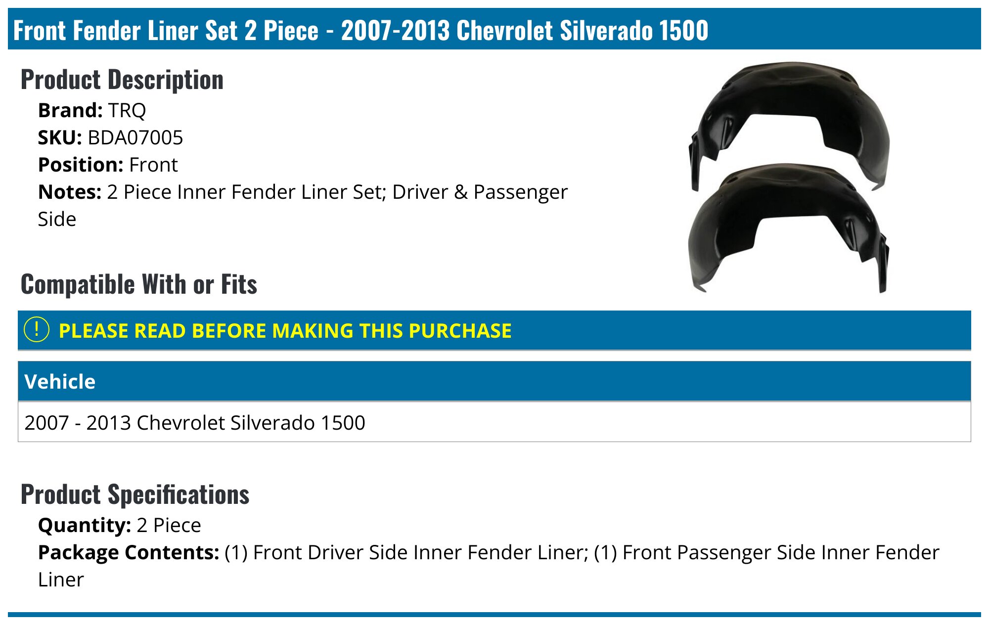 2007-2013 Chevrolet Silverado 1500 Fender Liner - TRQ BDA07005 - Front ...