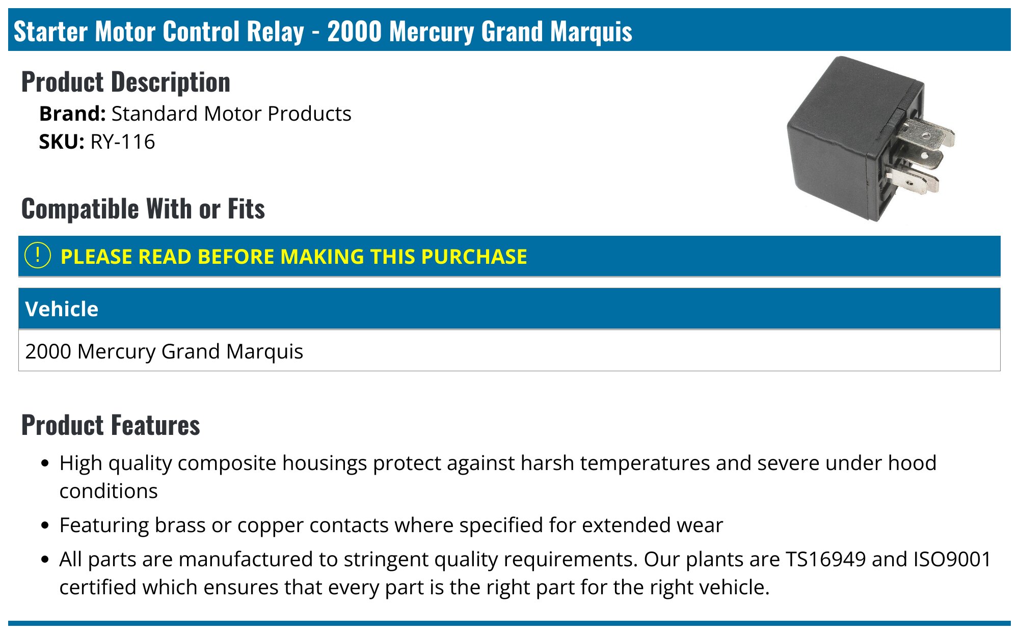 2000 Mercury Grand Marquis Starter Motor Control Relay - Standard Motor ...