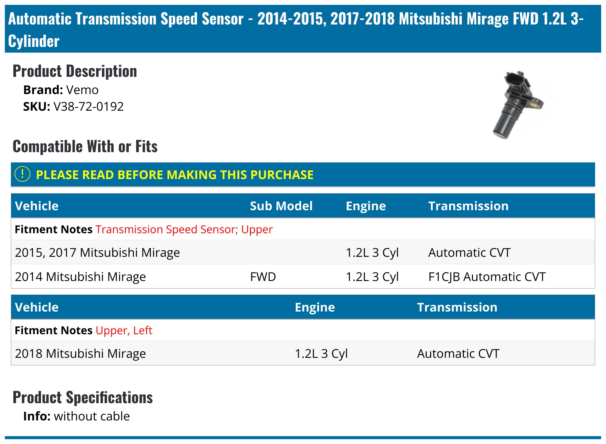 2014-2015, 2017-2018 Mitsubishi Mirage Automatic Transmission Speed ...