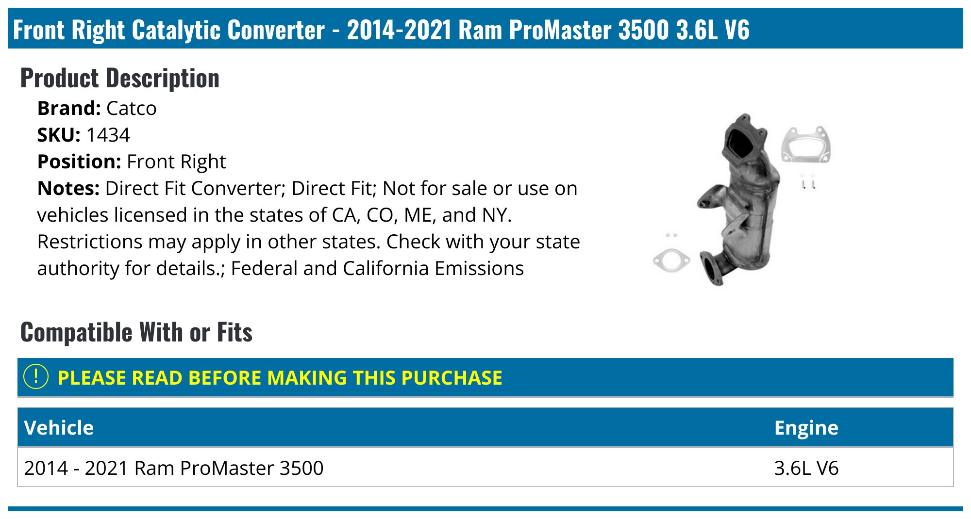 2014-2021 Ram ProMaster 3500 Catalytic Converter - Catco 1434 - Front ...