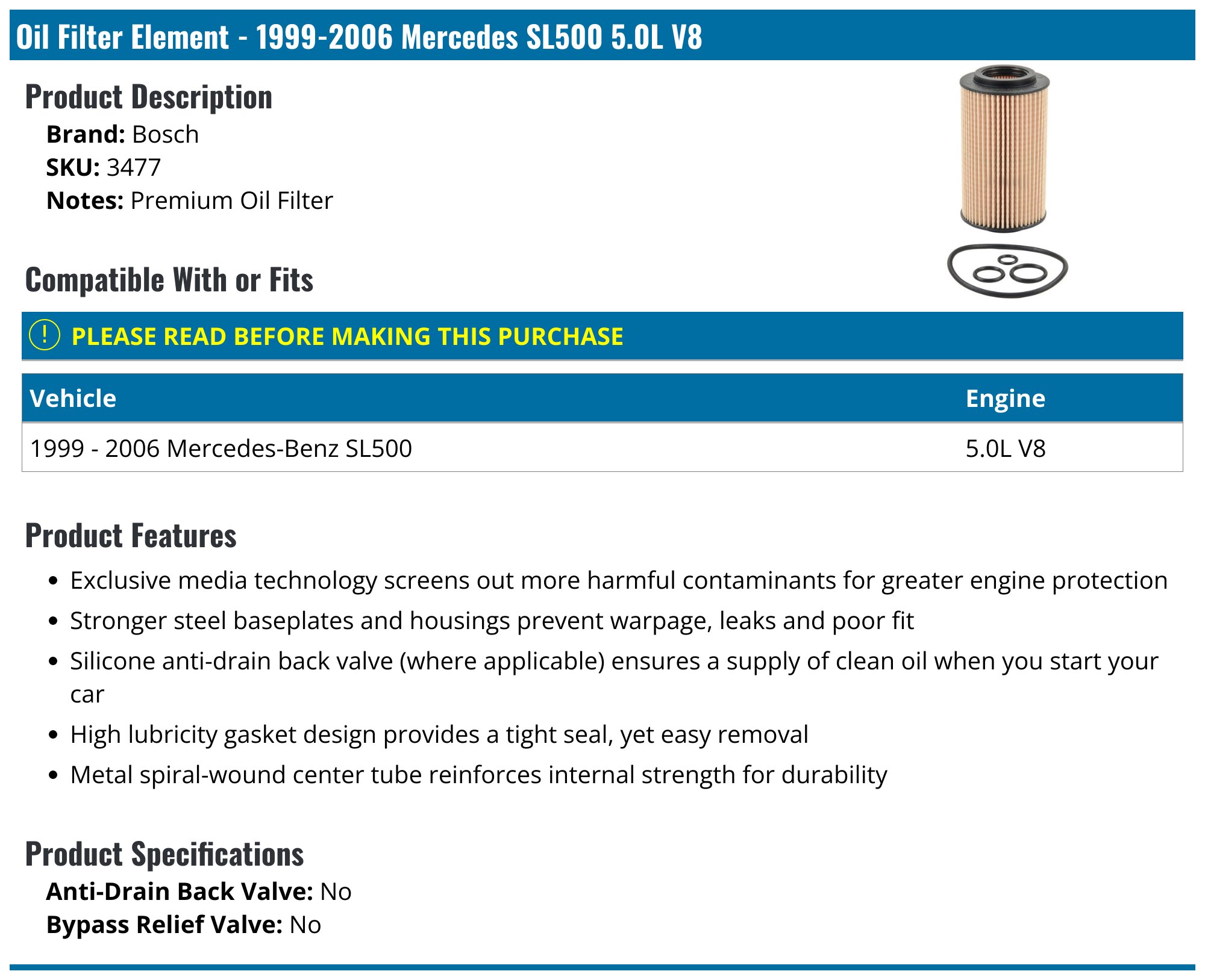 1999-2006 Mercedes SL500 Oil Filter Element - Bosch 3477 - PartsGeek.com