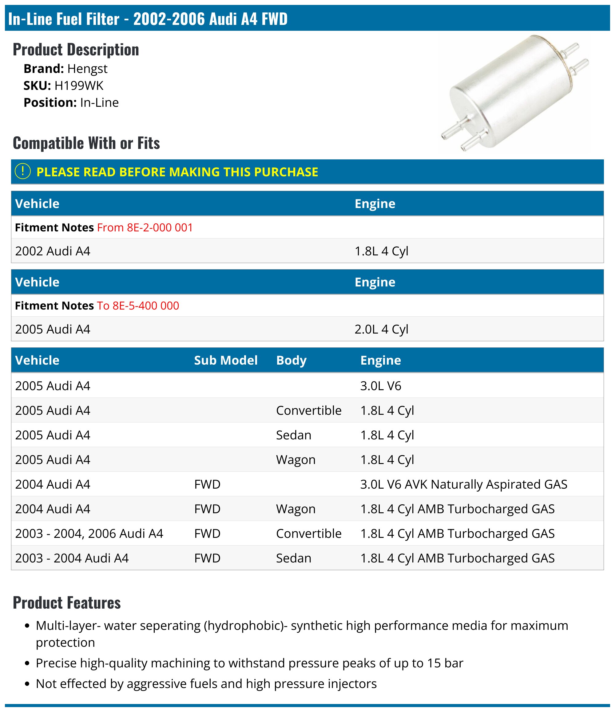2002-2006 Audi A4 Fuel Filter - Hengst H199WK - In-Line - PartsGeek.com