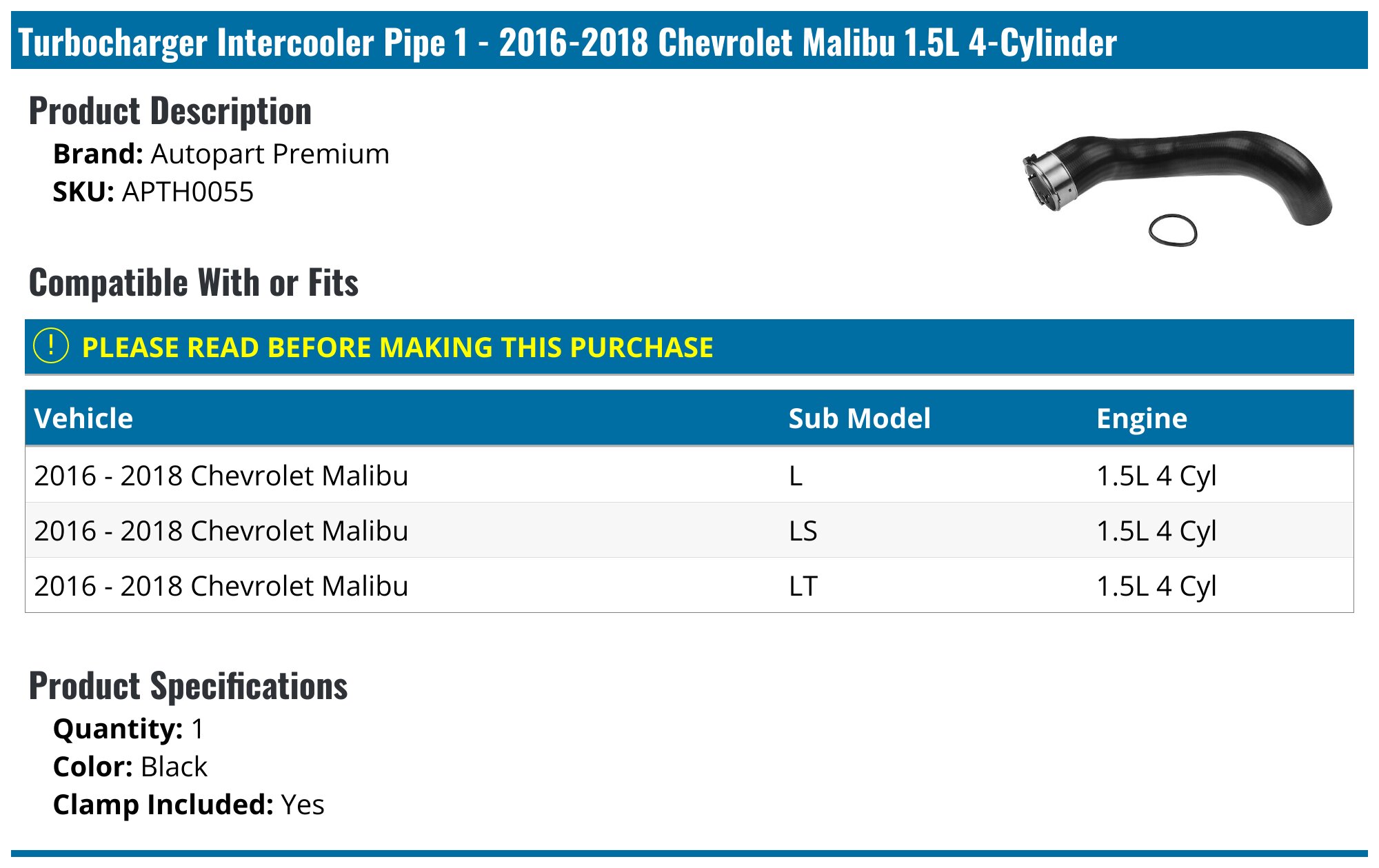 2016-2018 Chevrolet Malibu Turbocharger Intercooler Hose - Autopart ...