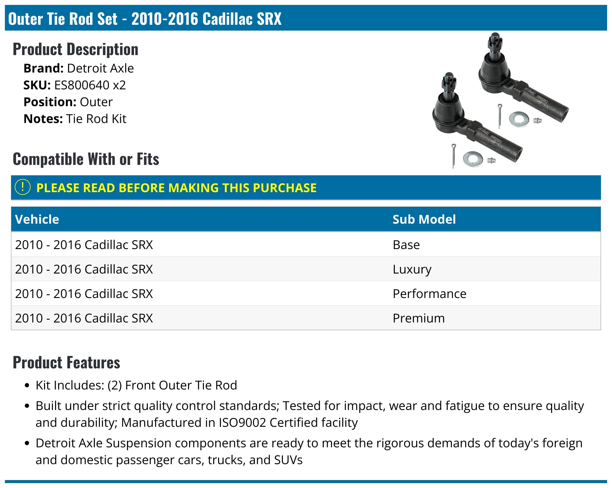 2010-2016 Cadillac SRX Tie Rod - Detroit Axle ES800640 x2 - Front Outer ...