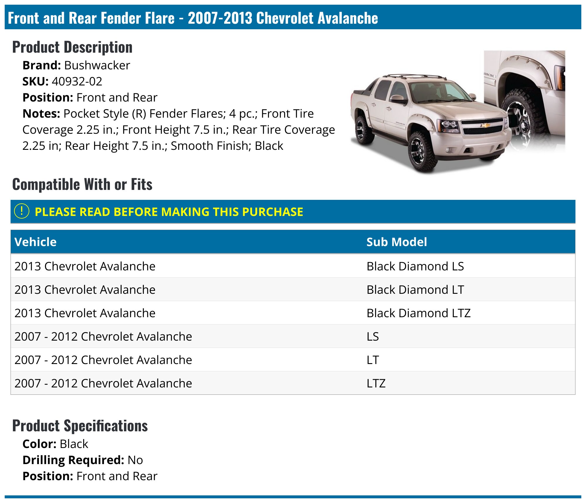 2007-2013 Chevrolet Avalanche Fender Flare - Bushwacker 40932-02 ...