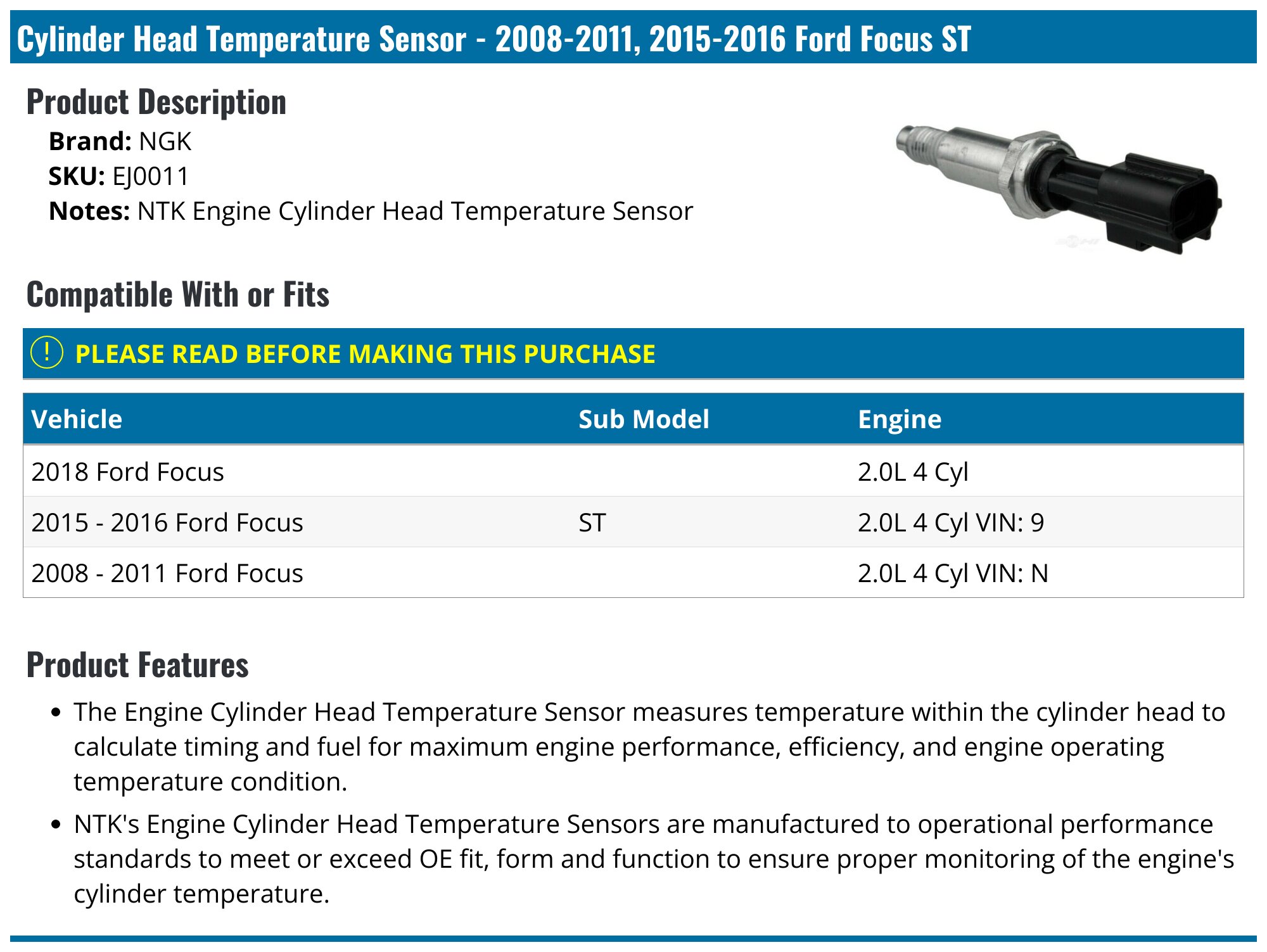 2008-2011, 2015-2016, 2018 Ford Focus Cylinder Head Temperature Sensor ...