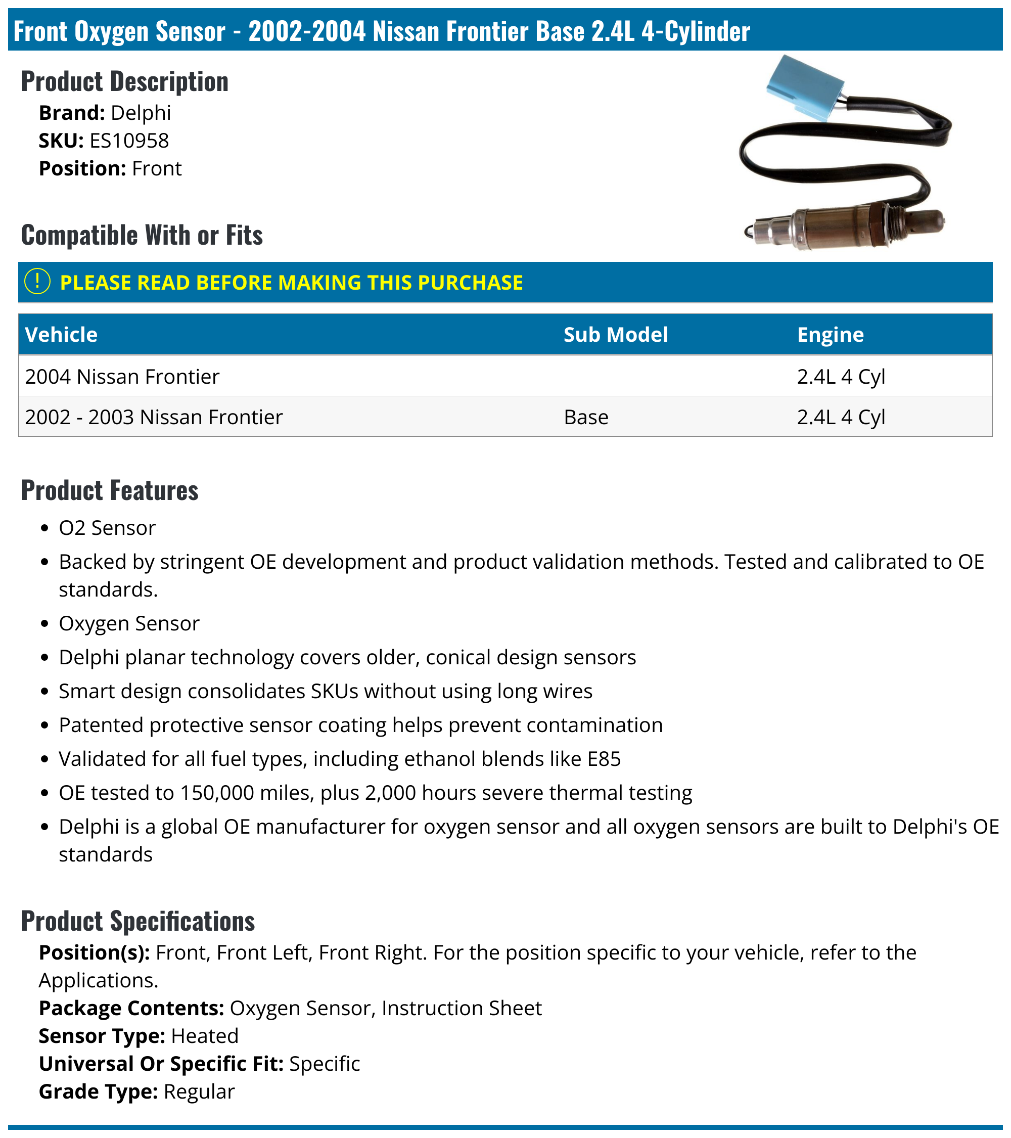 2002-2004 Nissan Frontier Oxygen Sensor - Delphi ES10958 - Front ...