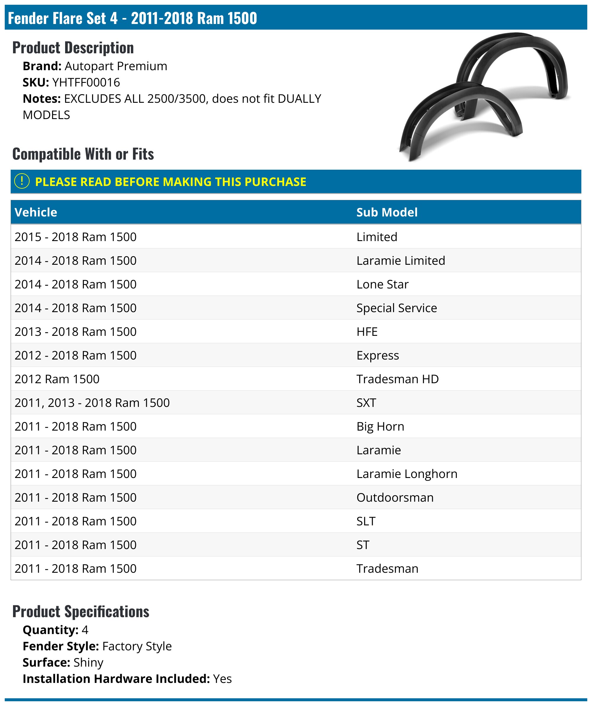 2011-2018 Ram 1500 Fender Flare - Autopart Premium YHTFF00016 ...