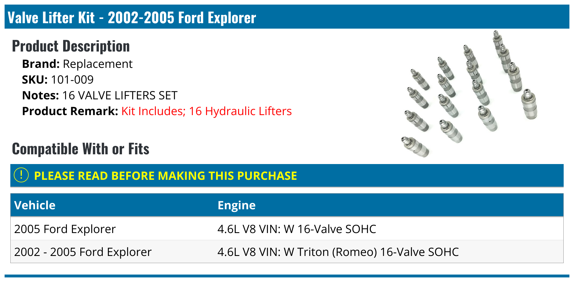 2002-2005 Ford Explorer Valve Lifter - Replacement 101-009 - PartsGeek.com