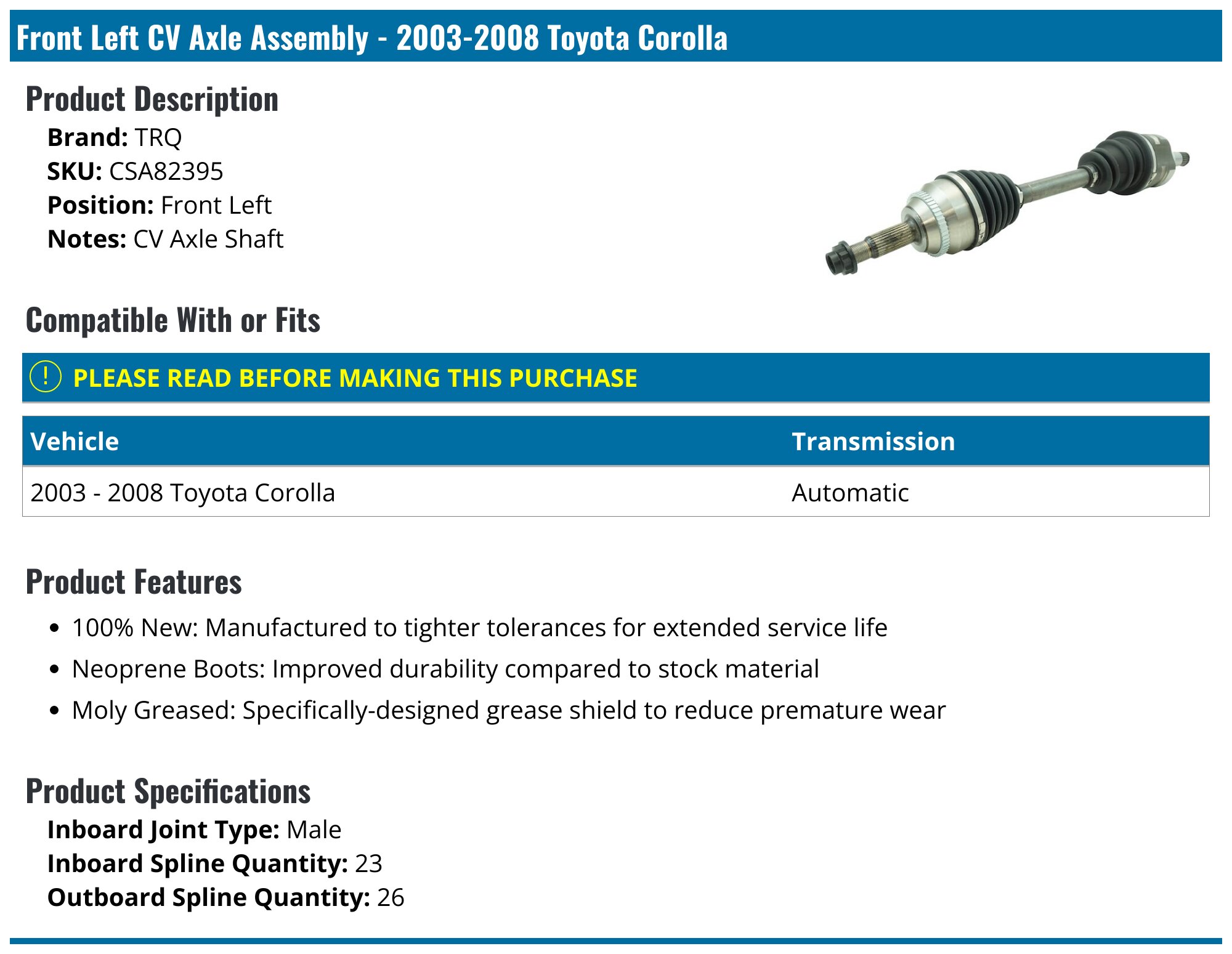 2003-2008 Toyota Corolla Axle Assembly - TRQ CSA82395 - Front Left ...
