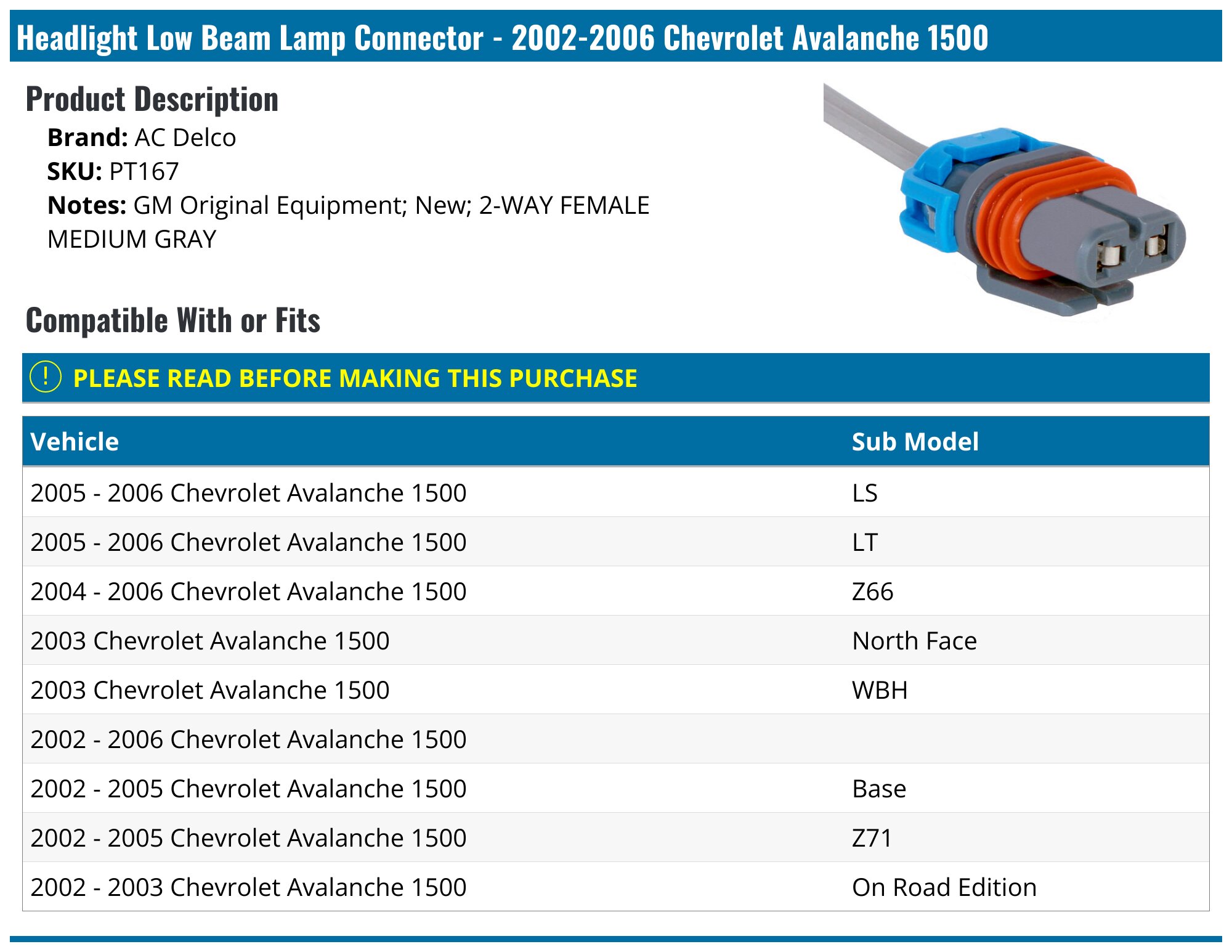 2002-2006 Chevrolet Avalanche 1500 Headlight Low Beam Lamp Connector ...