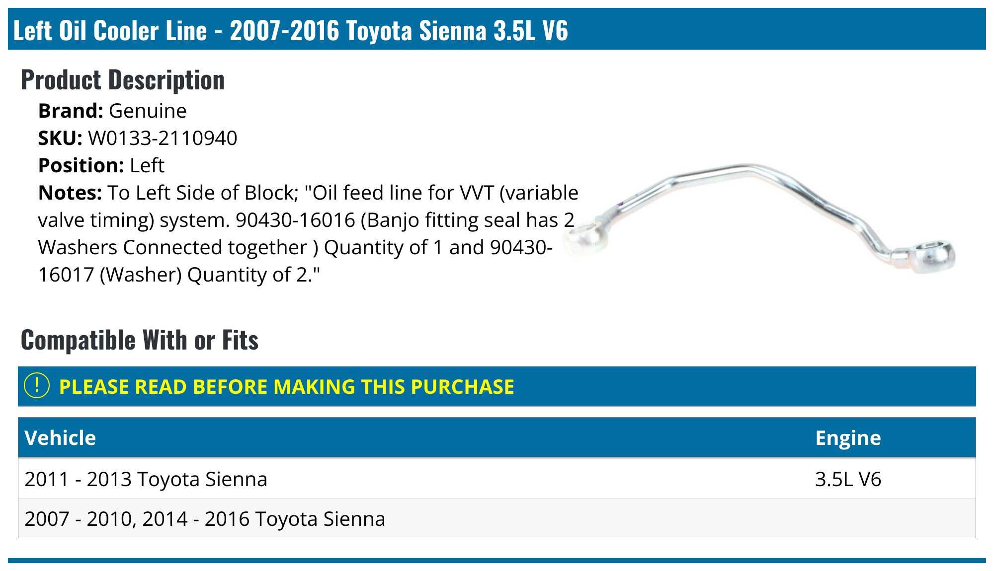 2007-2016 Toyota Sienna Oil Cooler Line - Genuine W0133-2110940 - Left ...
