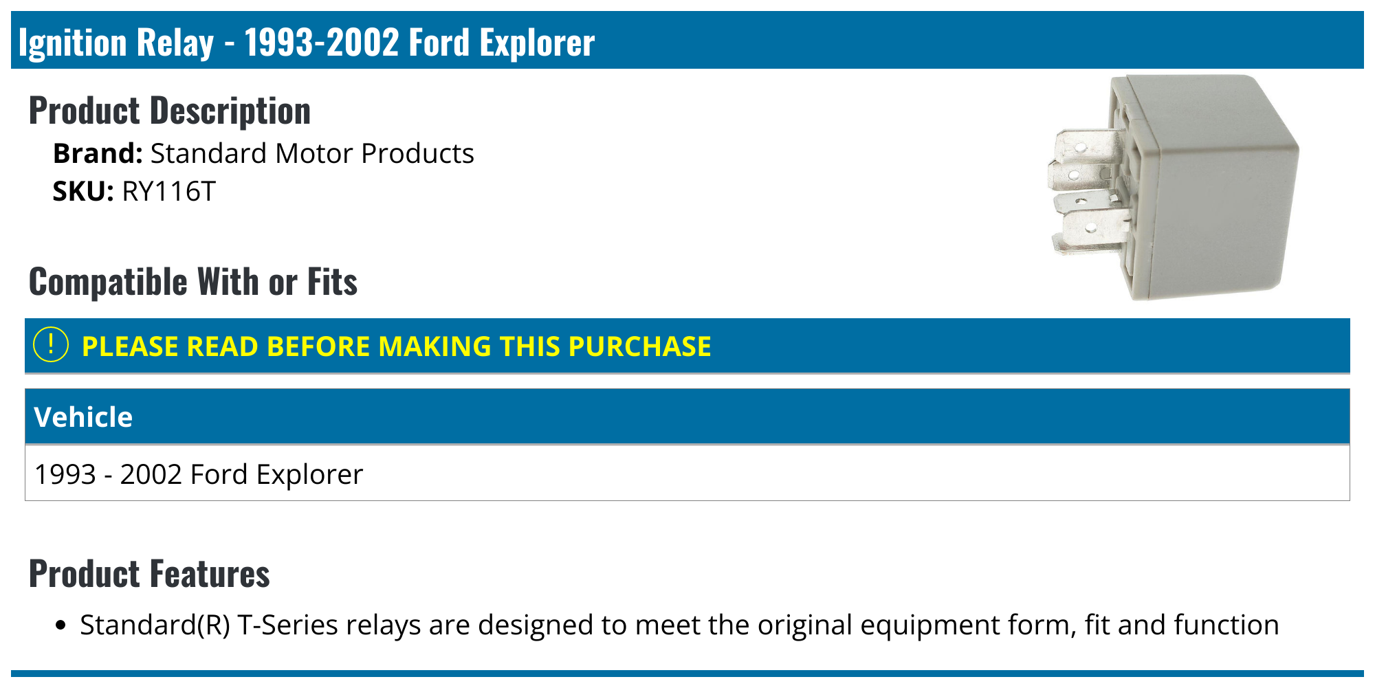 1993-2002 Ford Explorer Ignition Relay - Standard Motor Products RY116T ...