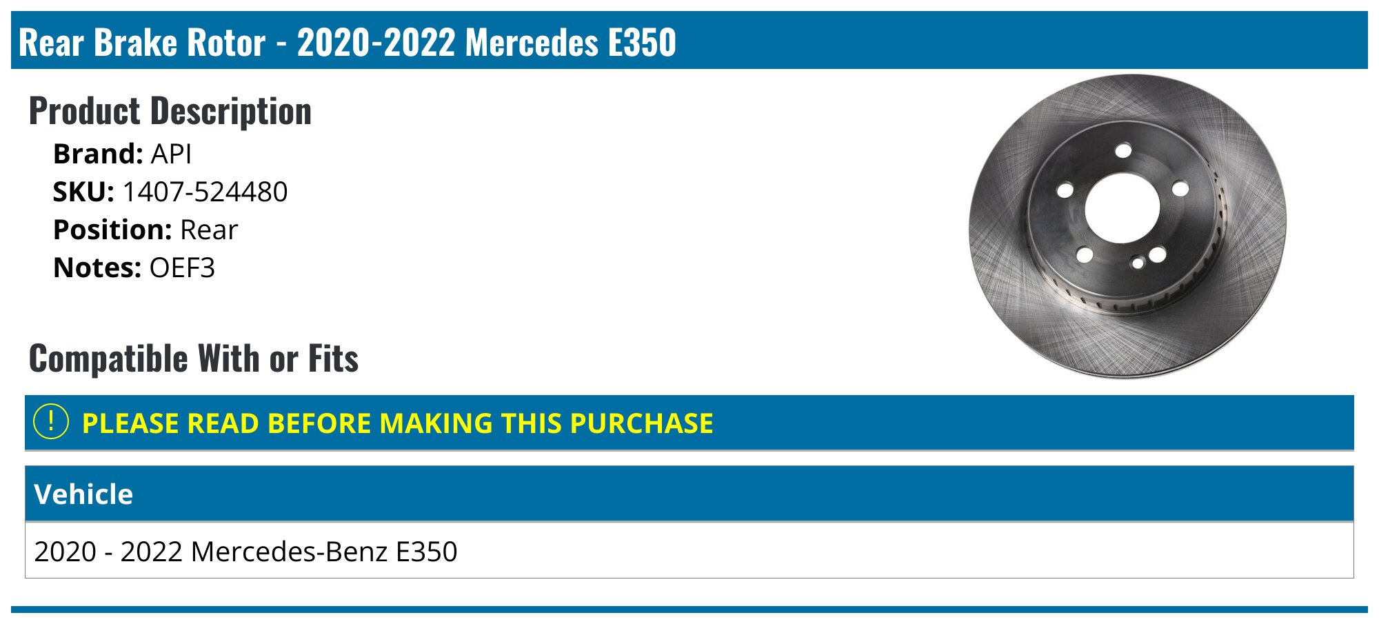 2020-2023 Mercedes E350 Brake Rotor - API 150953-07696011 - Rear ...