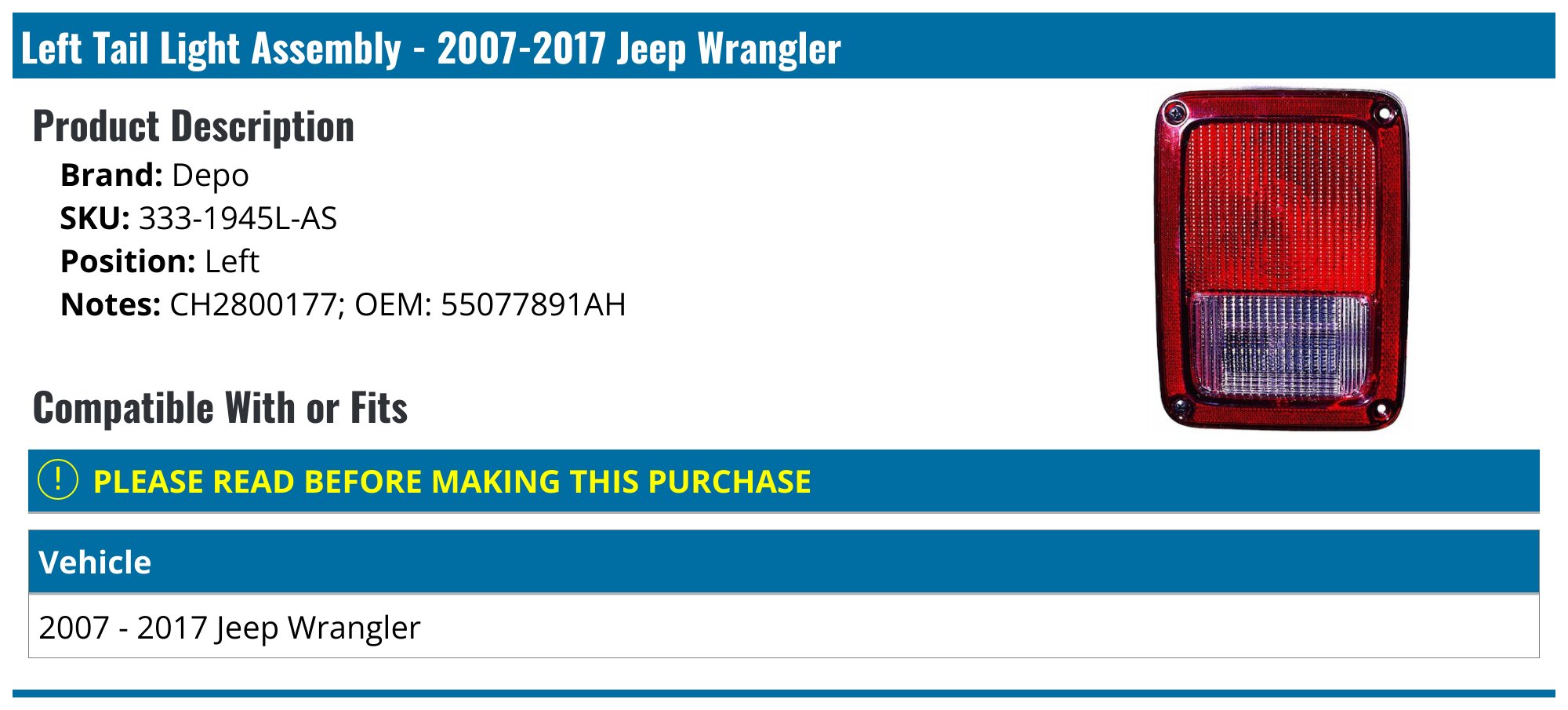 2007-2017 Jeep Wrangler Tail Light Assembly - Depo 333-1945L-AS - Left ...