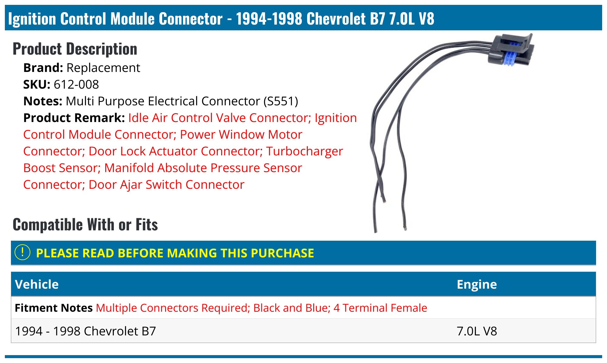 1994-1998 Chevrolet B7 Ignition Control Module Connector - Replacement ...