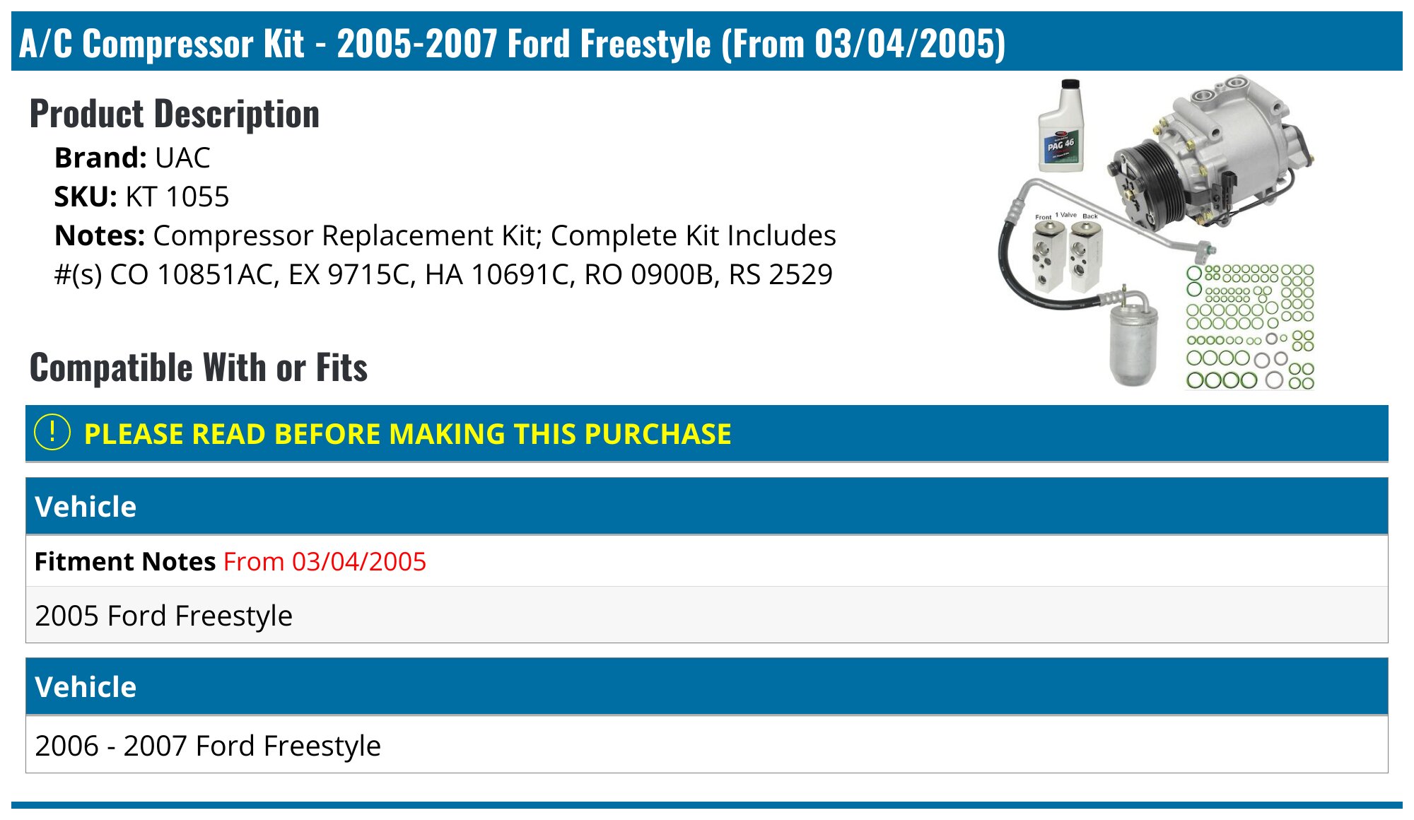 2005-2007 Ford Freestyle A/C Compressor - UAC KT 1055 - PartsGeek.com
