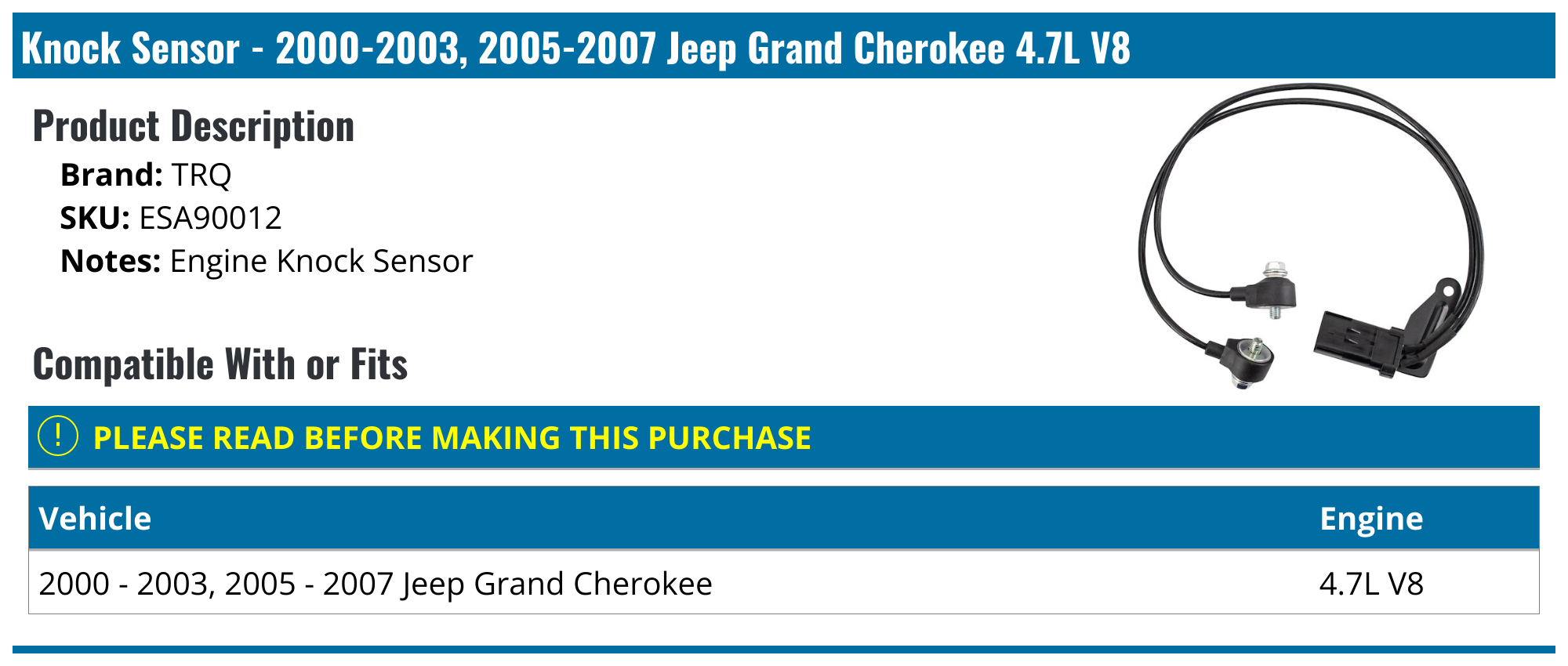 2000-2003, 2005-2007 Jeep Grand Cherokee Knock Sensor - TRQ ESA90012 ...