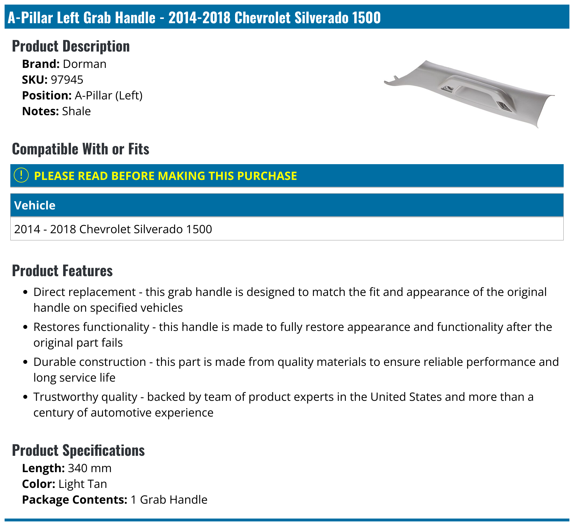 2014-2018 Chevrolet Silverado 1500 Grab Handle - Dorman 97945 - A ...