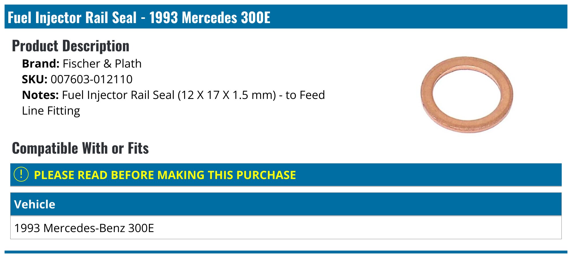 1993 Mercedes 300E Fuel Injector Rail Seal - Fischer & Plath 007603 ...