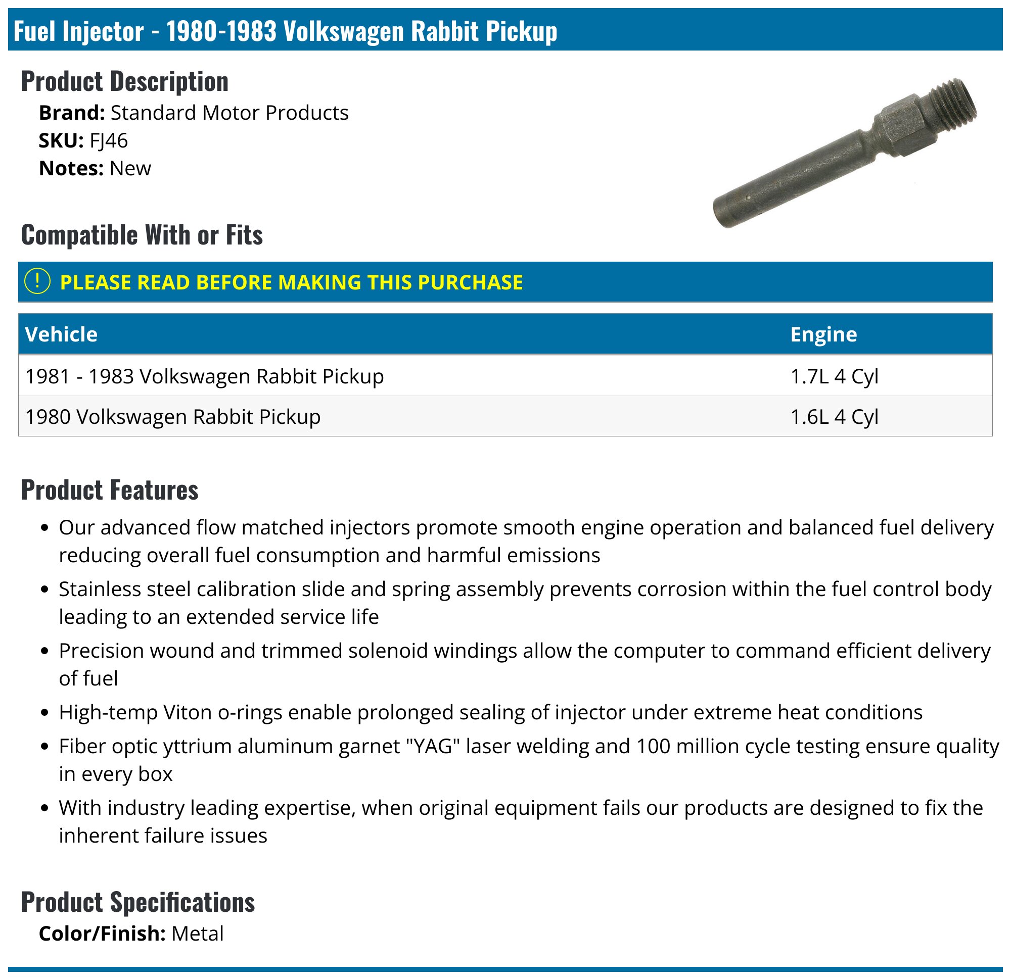 1980-1983 Volkswagen Rabbit Pickup Fuel Injector - Standard Motor ...