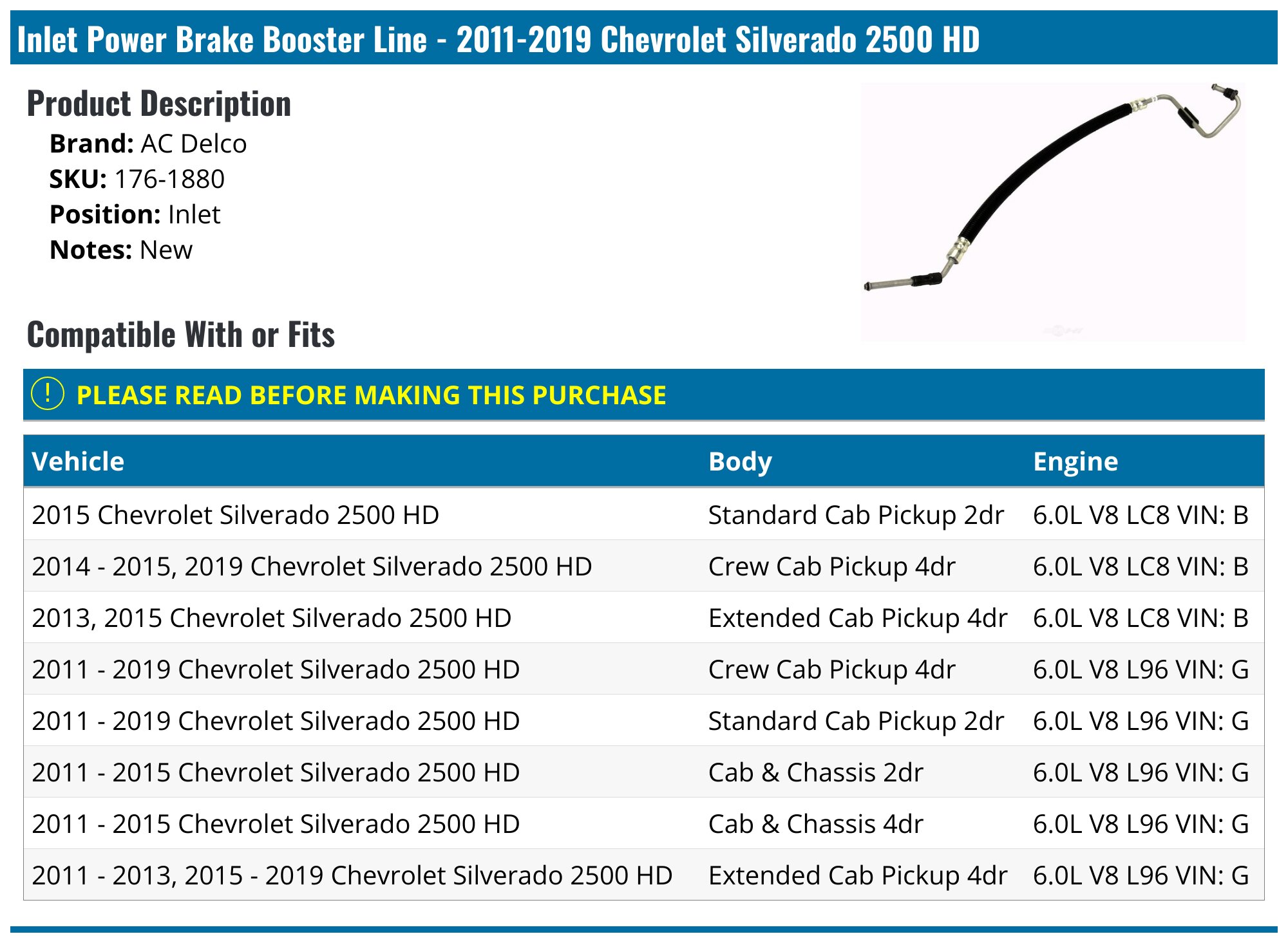 2011-2019 Chevrolet Silverado 2500 HD Power Brake Booster Line - AC ...