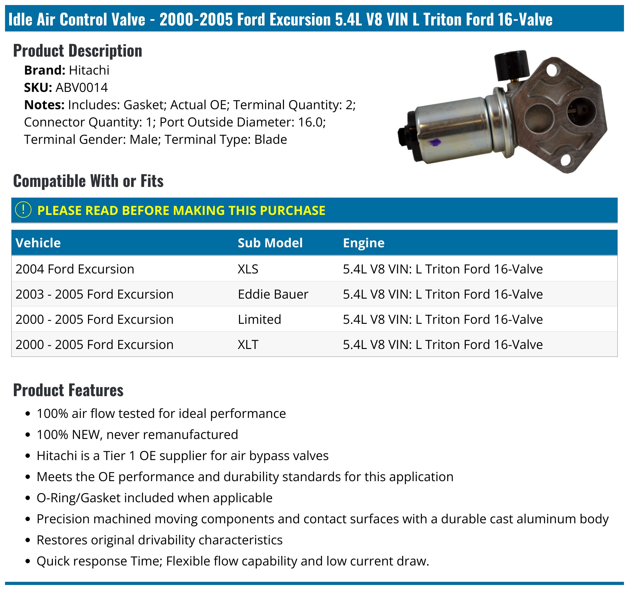 2000-2005 Ford Excursion Idle Control Valve - Hitachi ABV0014 ...