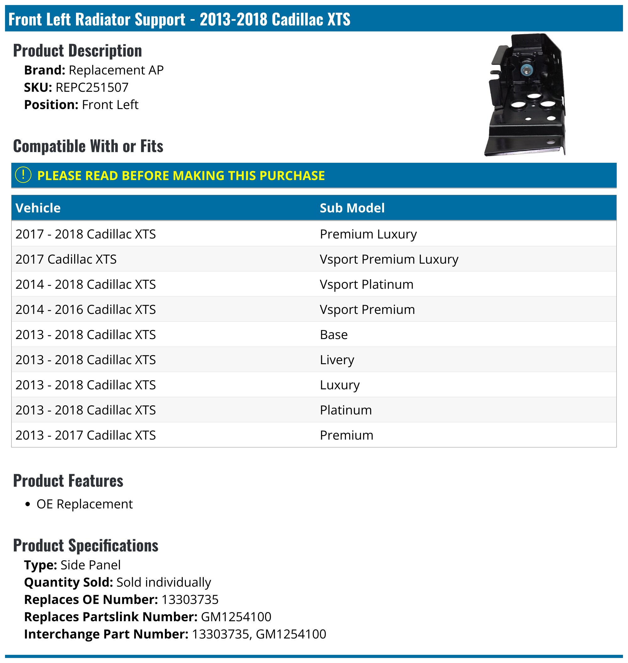 2013-2019 Cadillac XTS Radiator Support - Replacement AP REPC251507 ...