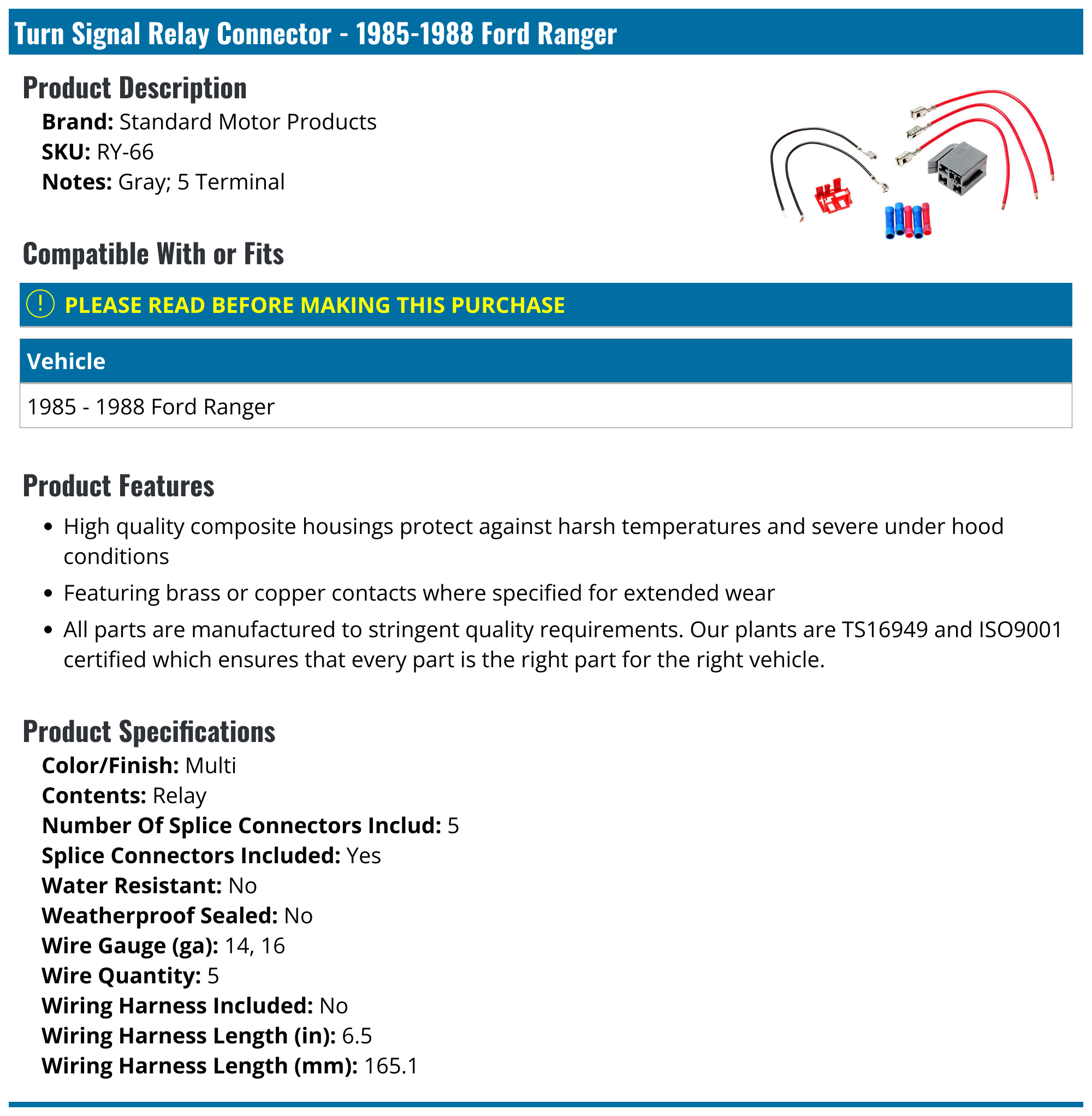 1985-1988 Ford Ranger Turn Signal Relay Connector - Standard Motor ...