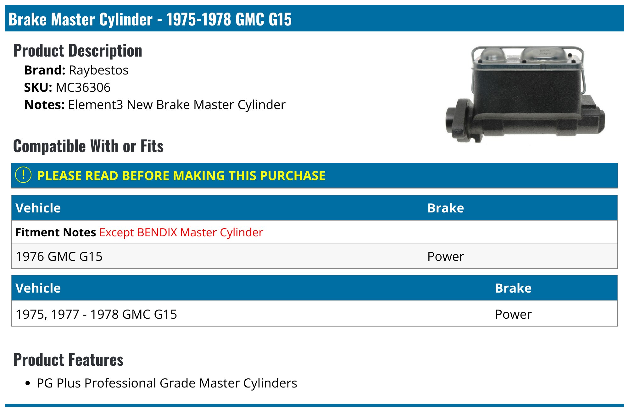 1975-1978 GMC G15 Brake Master Cylinder - Raybestos MC36306 - PartsGeek.com