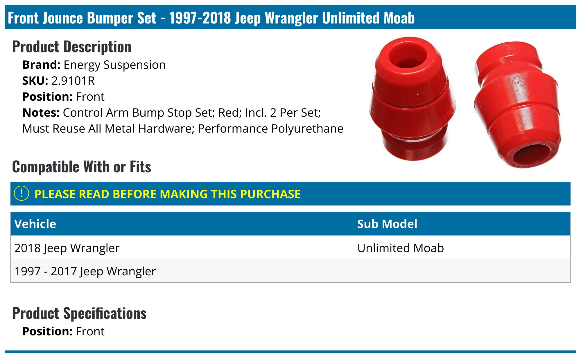 1997-2018 Jeep Wrangler Jounce Bumper Set - Energy Suspension 2.9101R ...