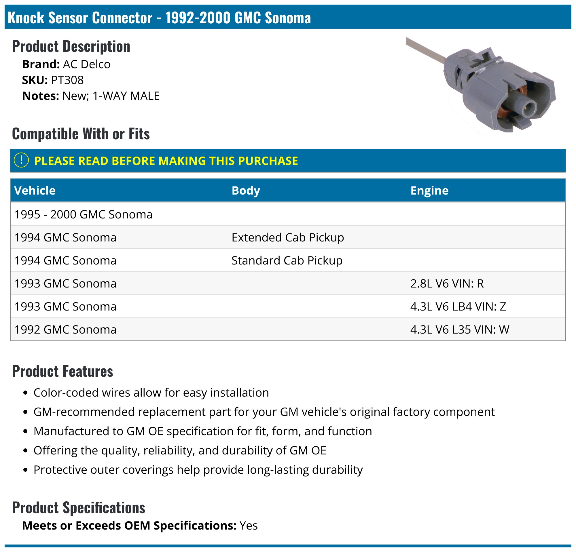 1992-2000 GMC Sonoma Knock Sensor Connector - AC Delco PT308 ...