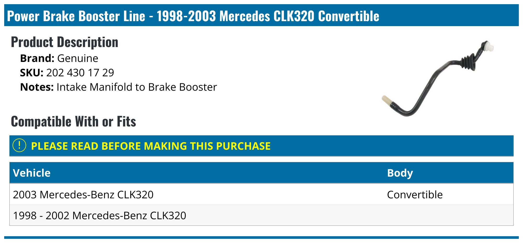 1998-2003 Mercedes CLK320 Power Brake Booster Line - Genuine 202 430 17 ...