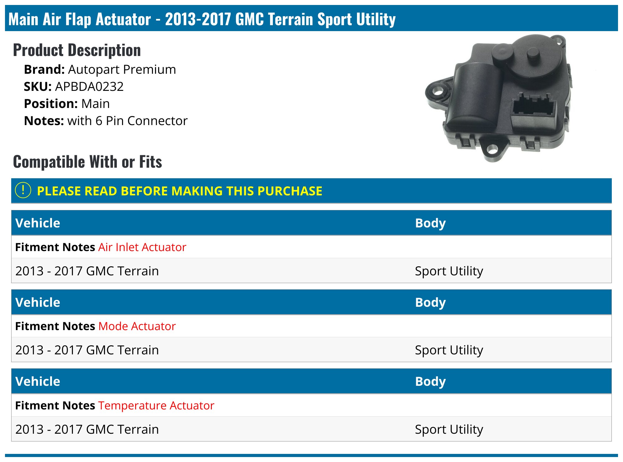 2013-2017 GMC Terrain Air Flap Actuator - Autopart Premium APBDA0232 ...