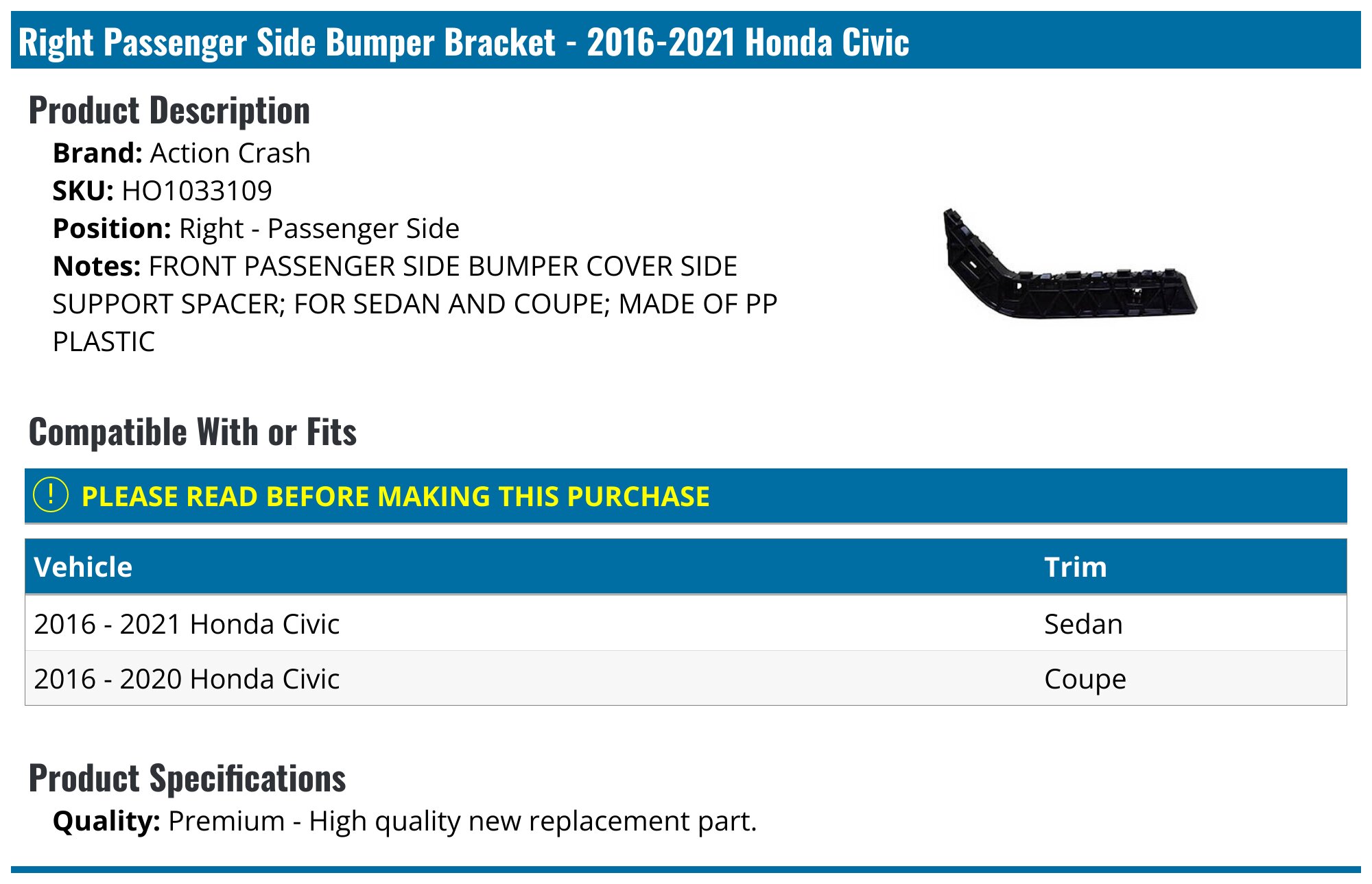 2016-2021 Honda Civic Bumper Bracket - Action Crash HO1033109 - Right ...