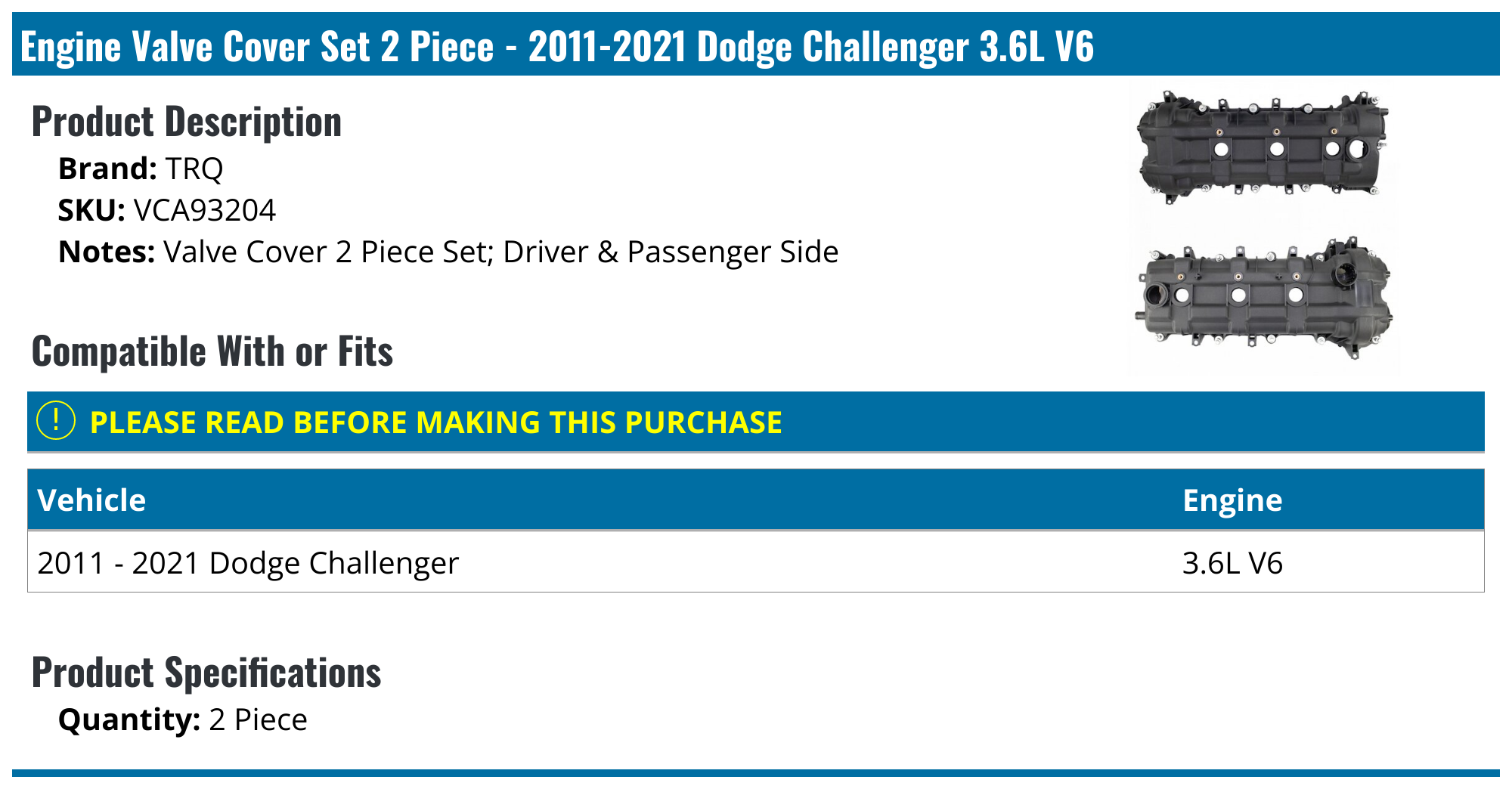 2011-2020 Dodge Challenger Valve Cover - TRQ VCA93204 - - PartsGeek.com