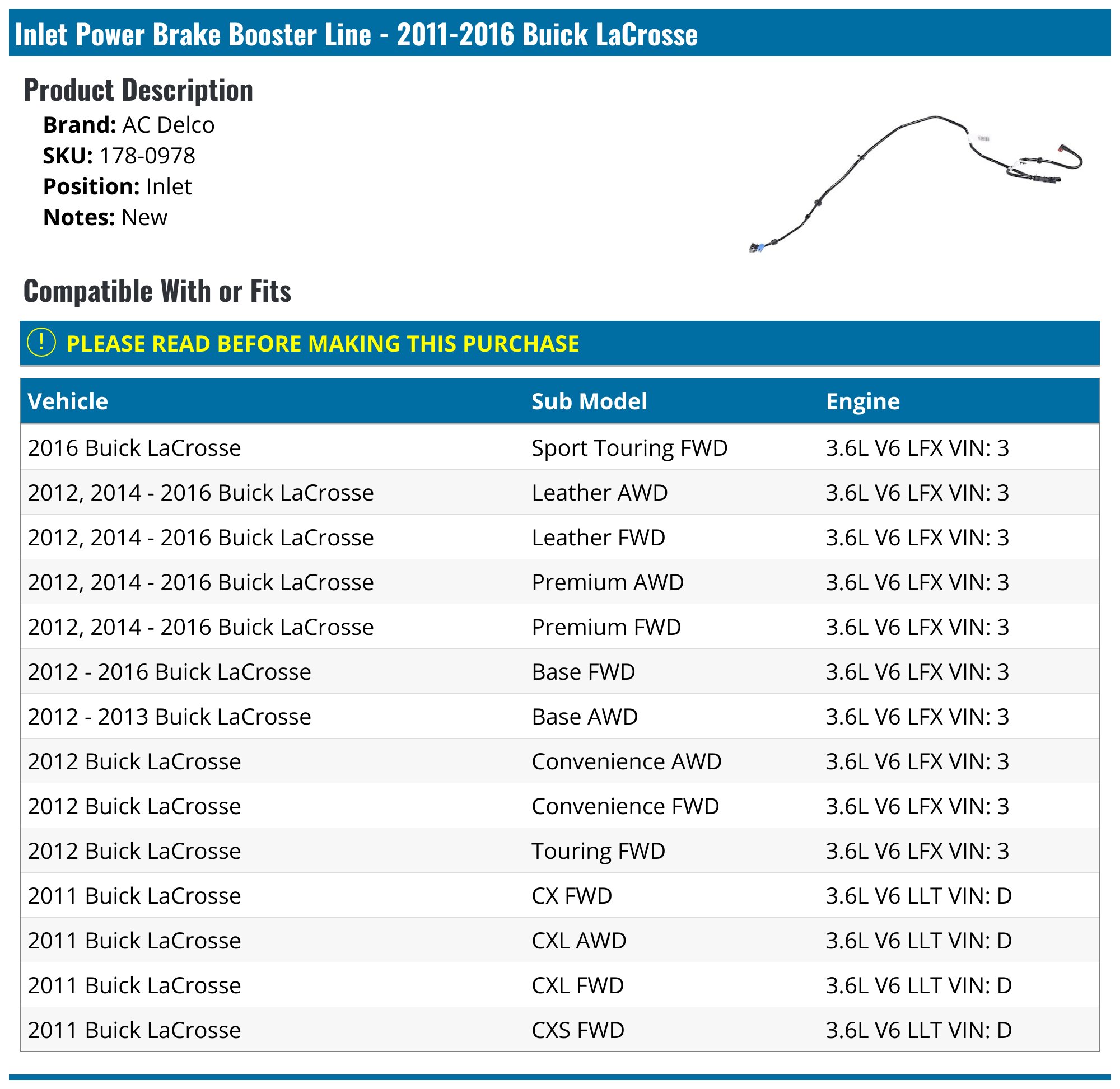 2011-2016 Buick LaCrosse Power Brake Booster Line - AC Delco 178-0978 ...
