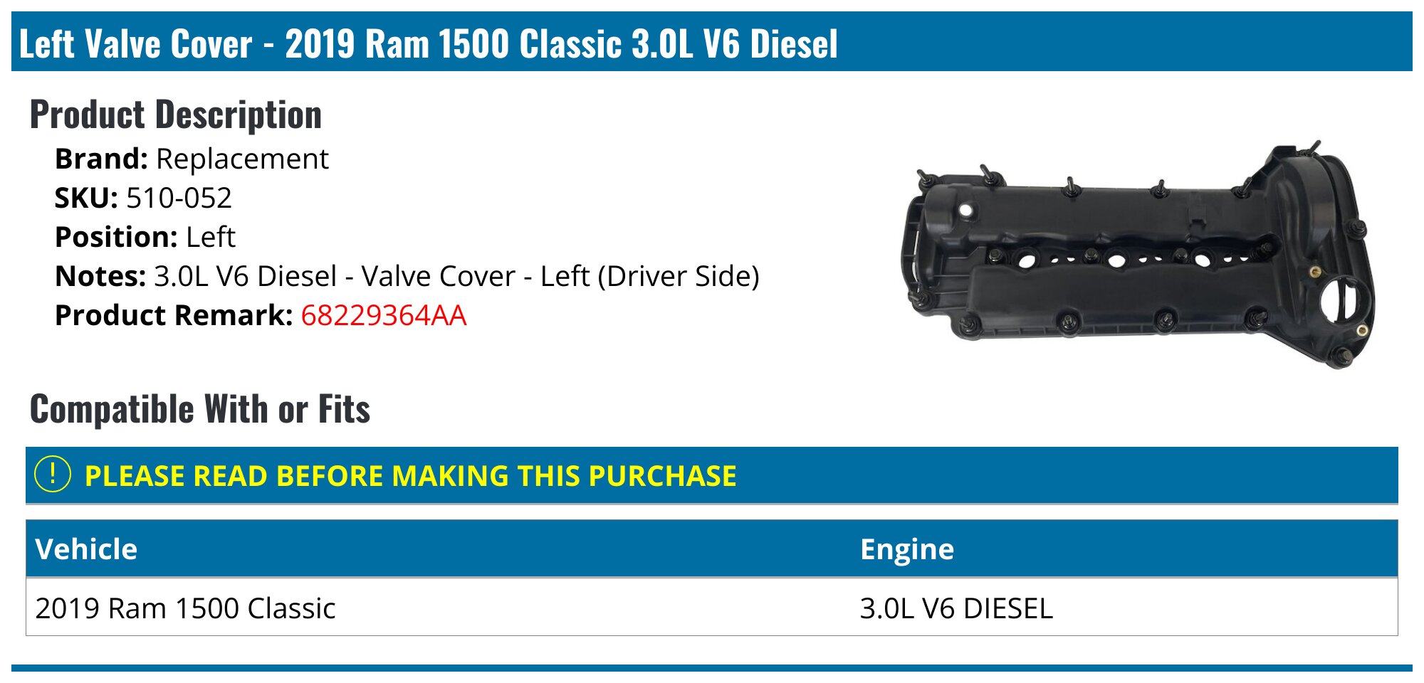 2019 Ram 1500 Classic Valve Cover - Replacement 510-052 - Left ...