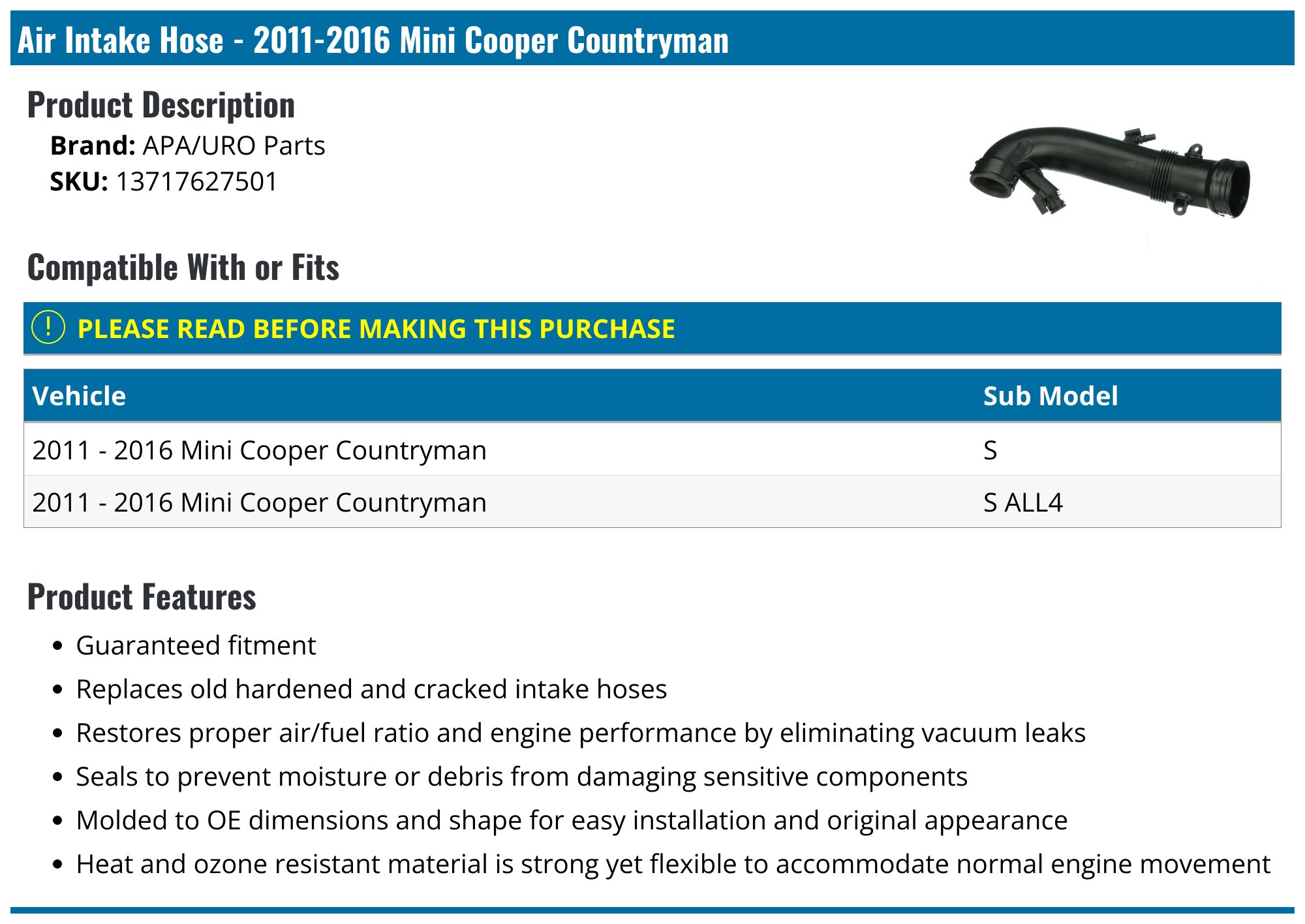 2011-2016 Mini Cooper Countryman Air Intake Hose - APA/URO Parts ...