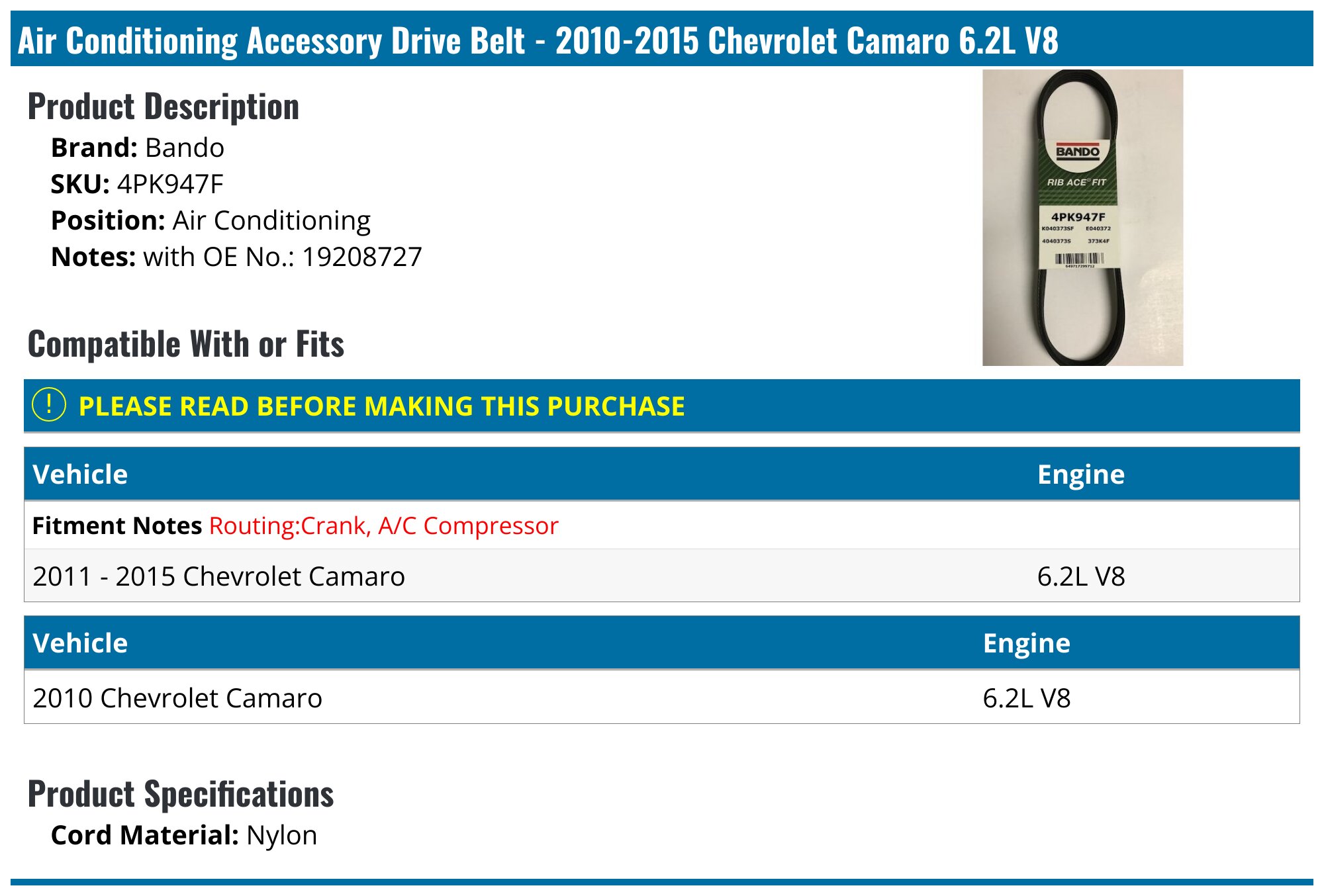 2010-2015 Chevrolet Camaro Accessory Drive Belt - Bando 4PK947F - Air ...