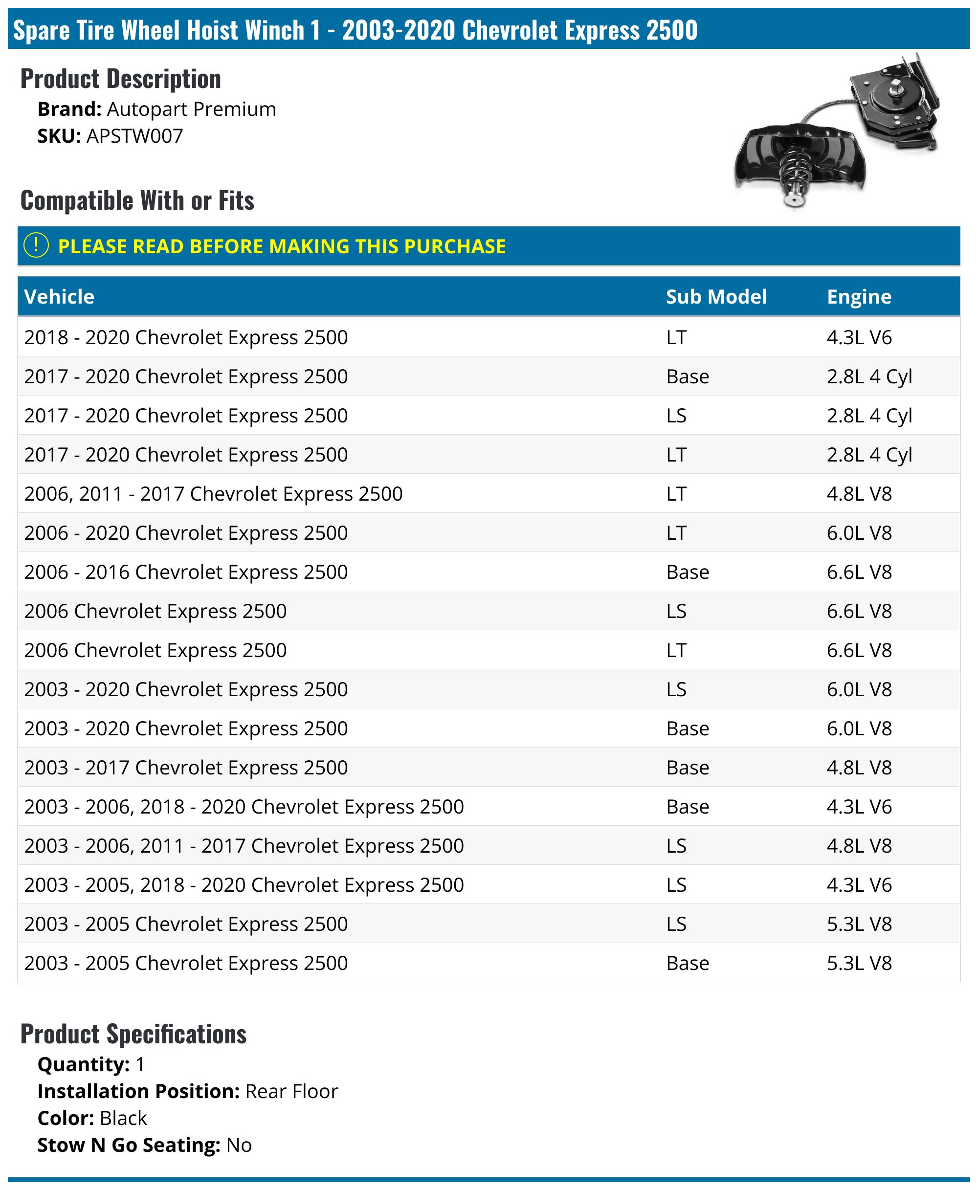 2003-2020 Chevrolet Express 2500 Spare Tire Hoist - Autopart Premium ...