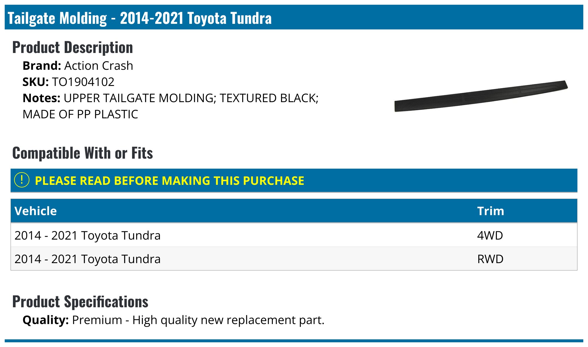 2014-2021 Toyota Tundra Tailgate Molding - Action Crash TO1904102 ...