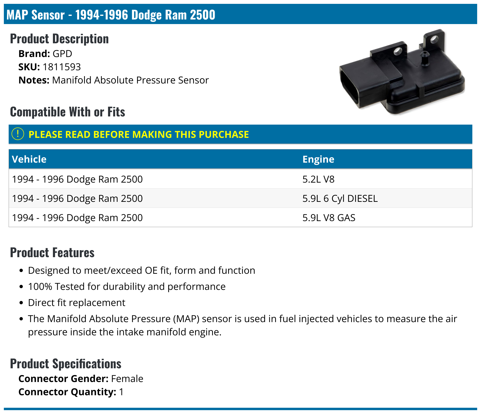 1994-1996 Dodge Ram 2500 MAP Sensor - GPD 1811593 - PartsGeek.com