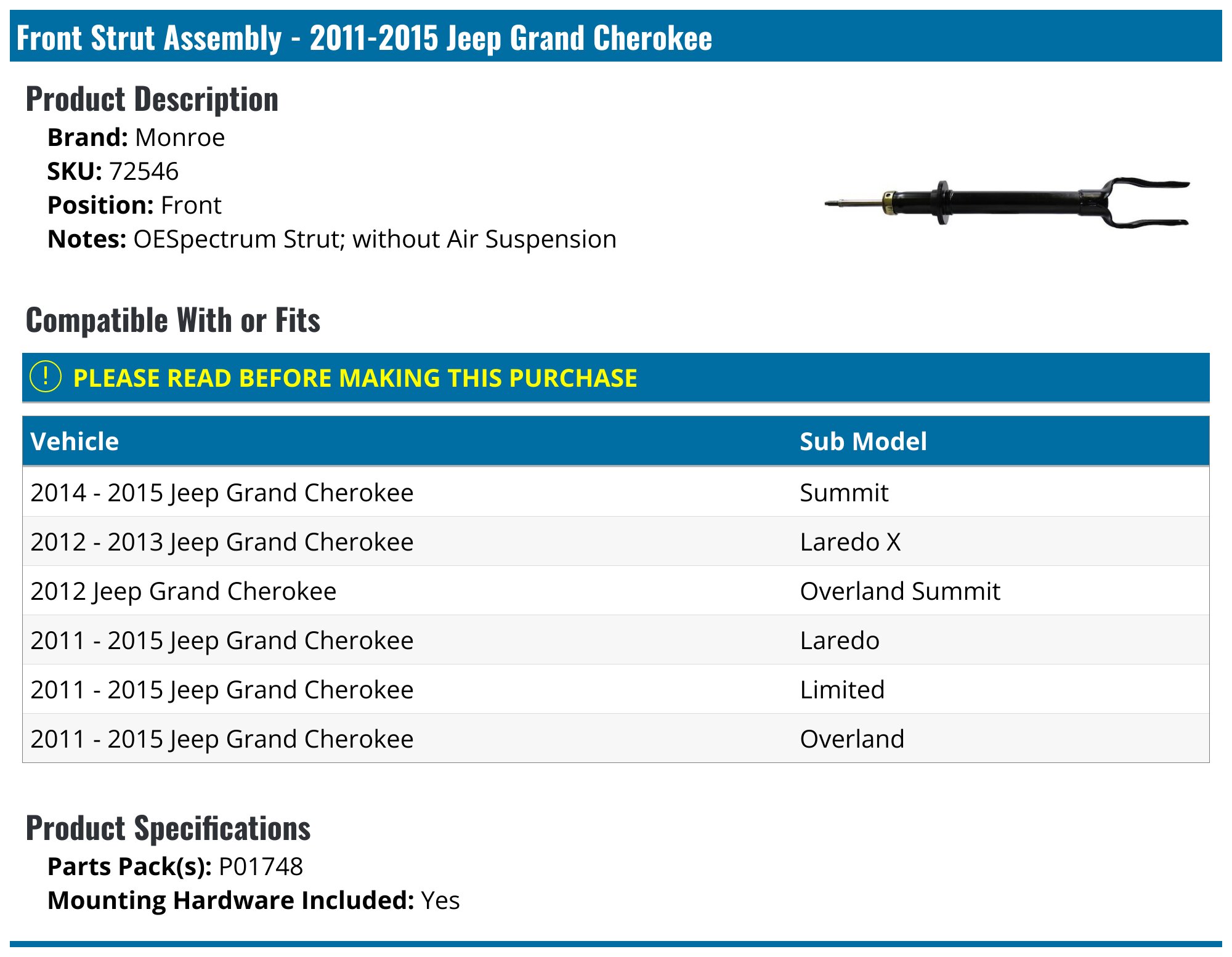 2011-2015 Jeep Grand Cherokee Strut Assembly - Monroe 72546 - Front ...