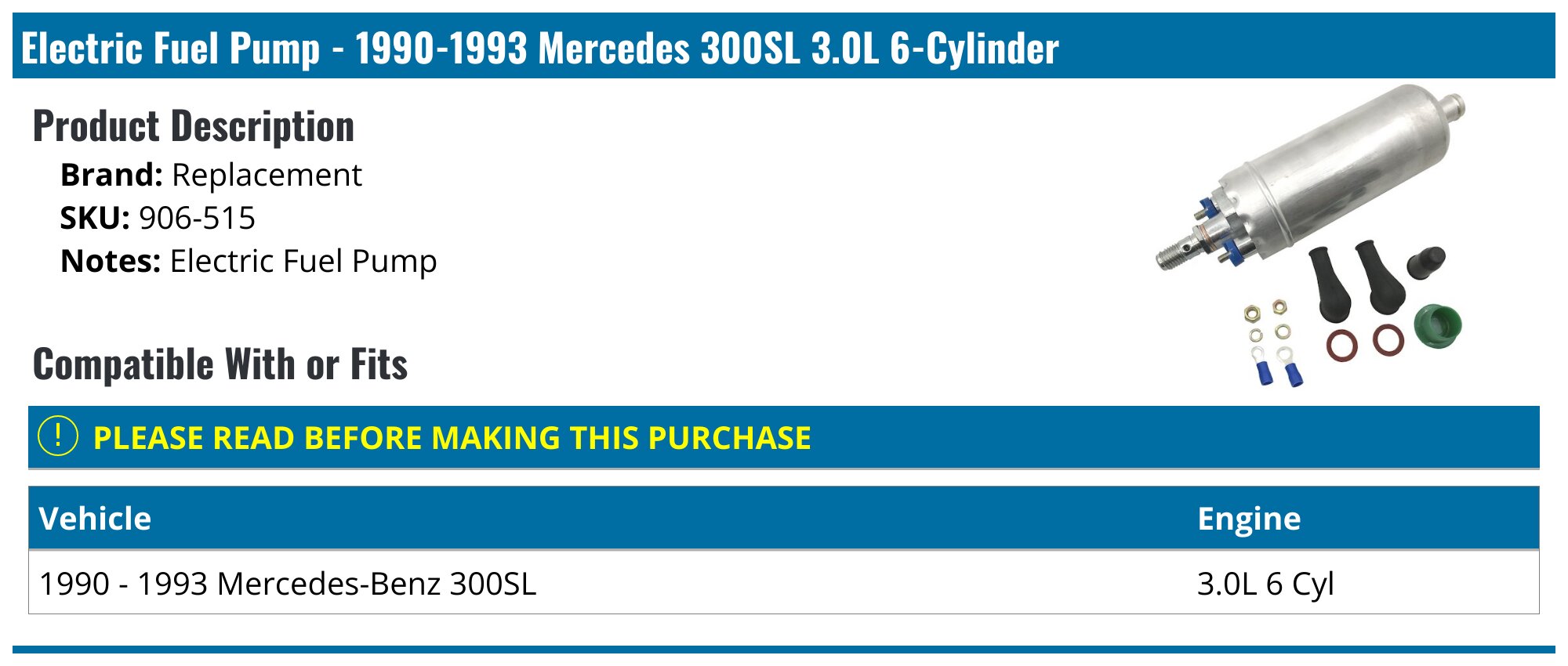 1990-1993 Mercedes 300SL Fuel Pump - Replacement 906-515 - PartsGeek.com