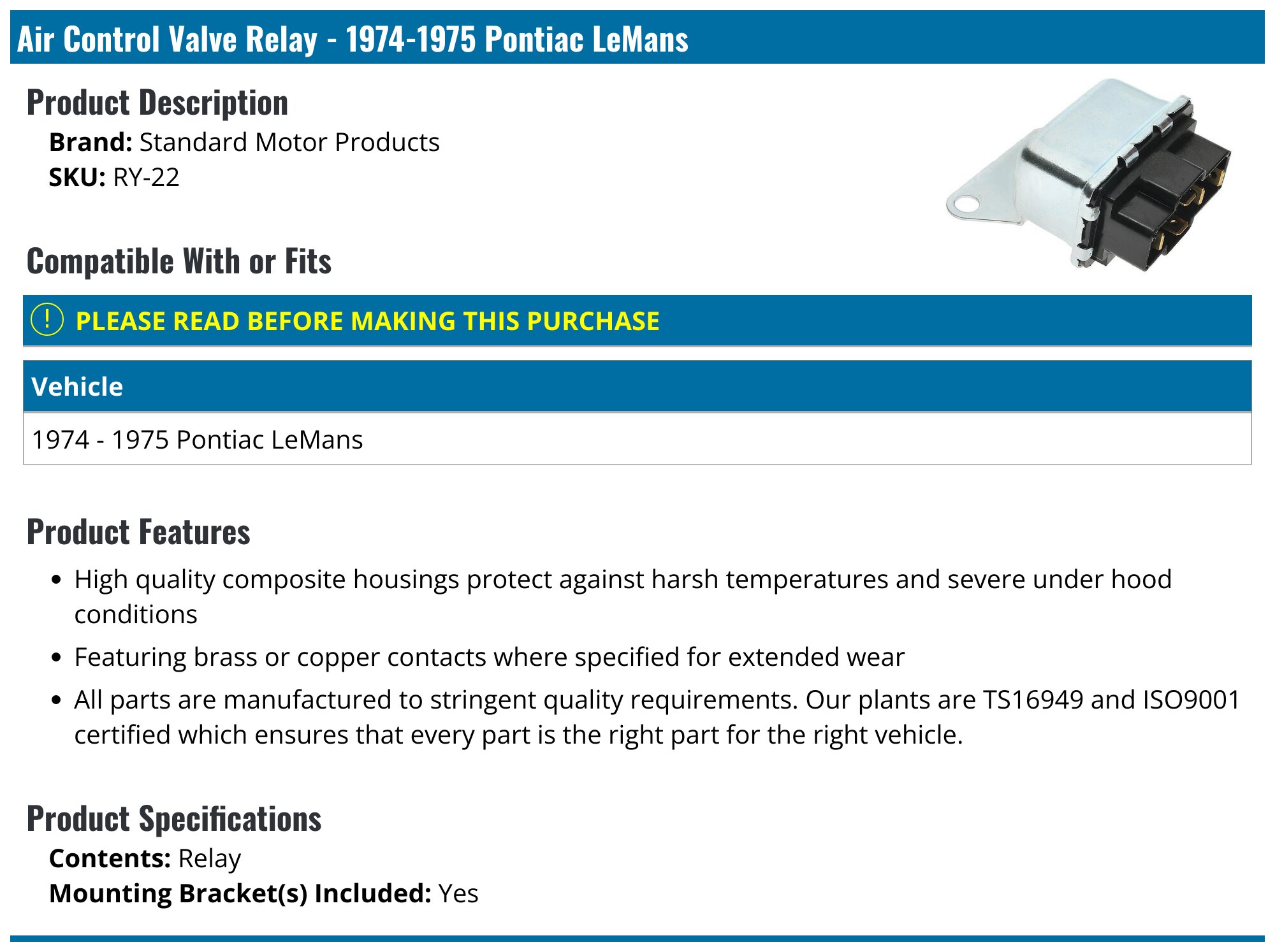 1974-1975 Pontiac LeMans Air Control Valve Relay - Standard Motor ...