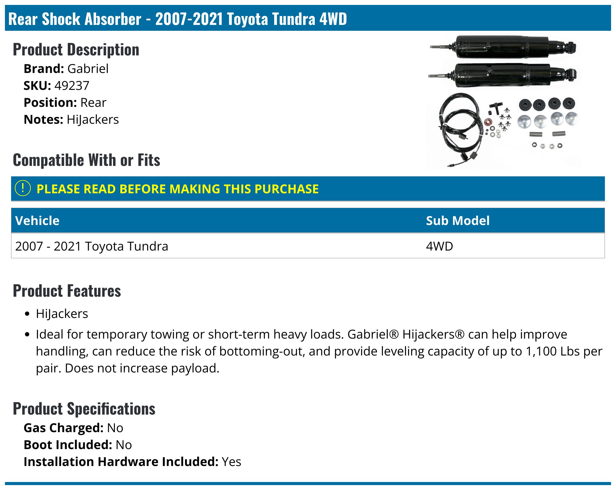2007-2021 Toyota Tundra Shock Absorber - Gabriel 49237 - Rear ...