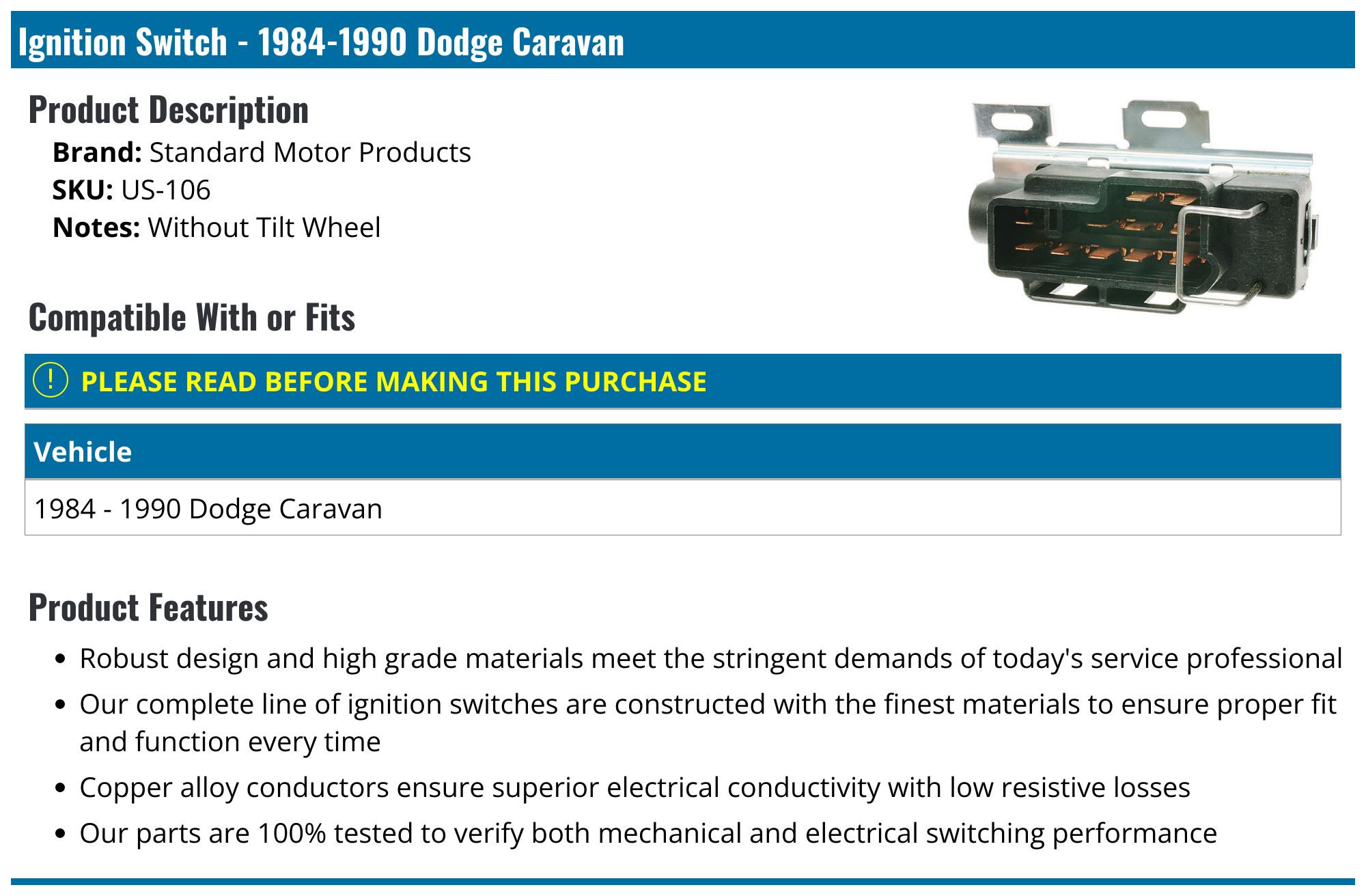1984-1990 Dodge Caravan Ignition Switch - Standard Motor Products US ...