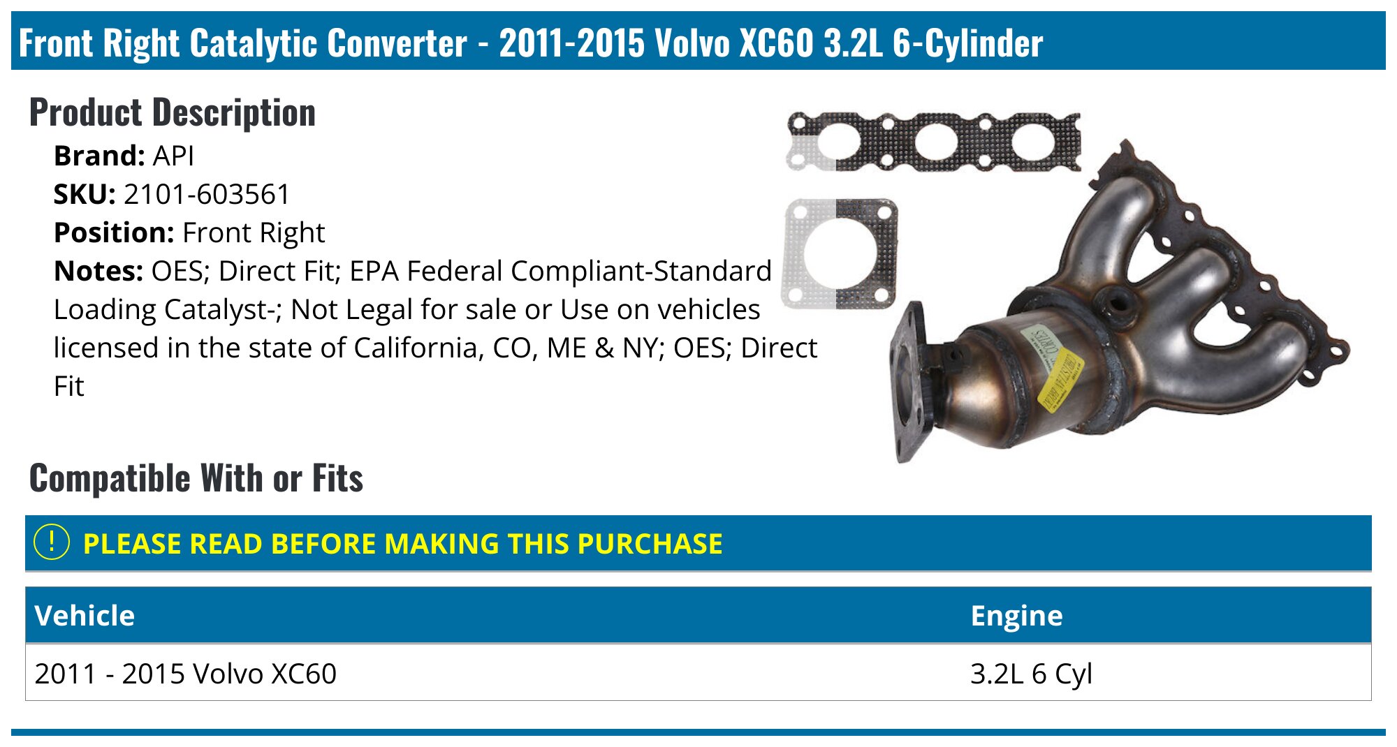 2011-2015 Volvo XC60 Catalytic Converter - API 96809-07662961 - Front ...