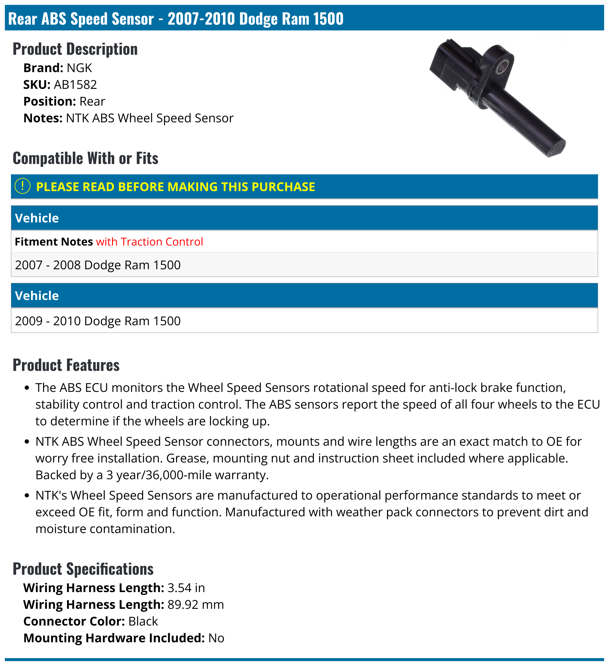 2007-2010 Dodge Ram 1500 ABS Speed Sensor - NGK AB1582 - Rear ...